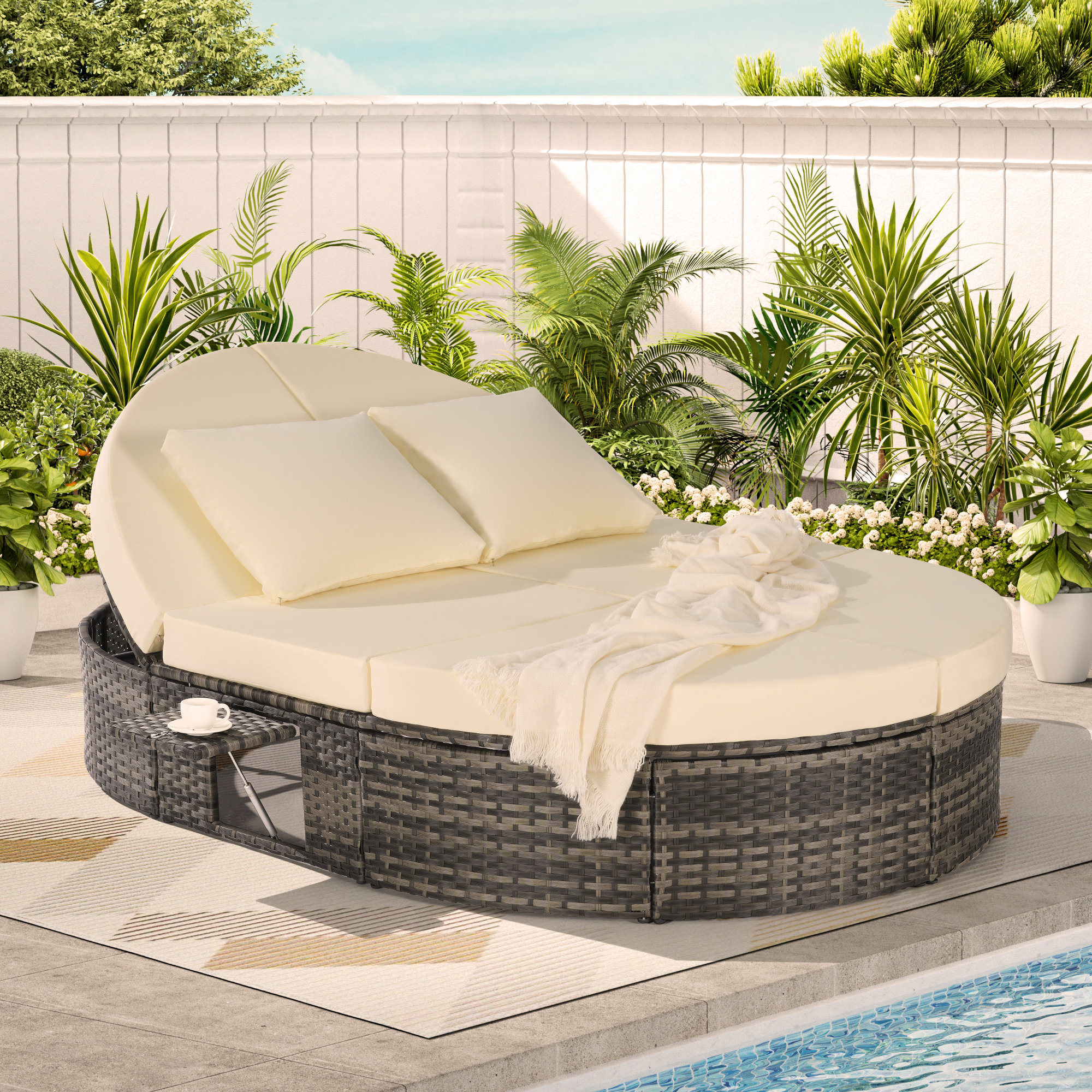Ebern Designs Outdoor Patio Round Daybed, Sun Bed with Adjustable ...