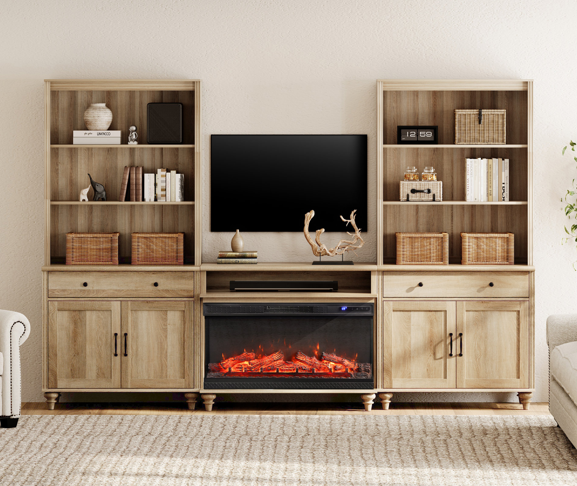 Rosalind Wheeler Farmhouse Fireplace TV Stand With Bookshelves For 40 ...