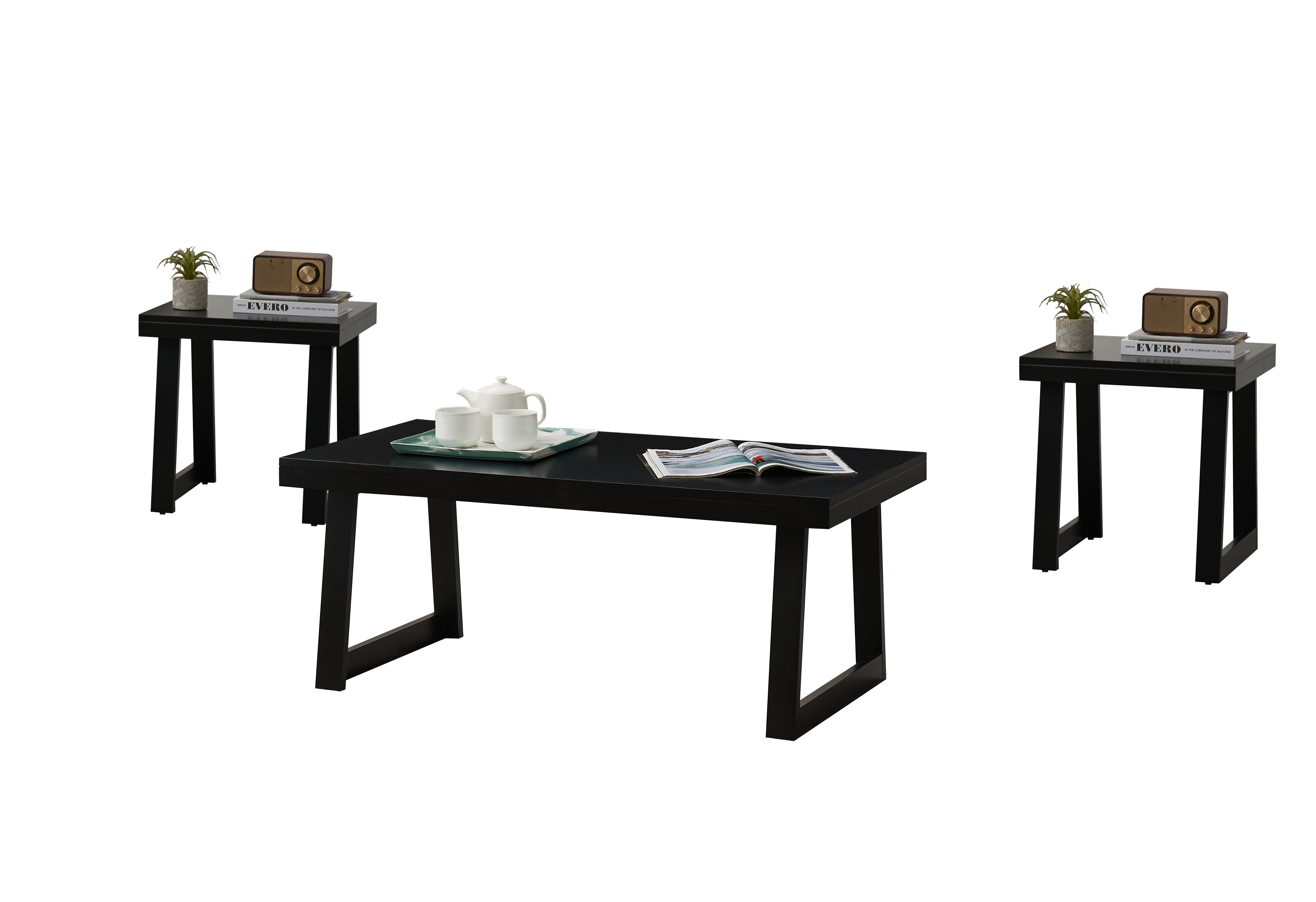 Latitude Run® Charlie 3-Piece Modern Table Set – Black Coffee Table & 2 ...