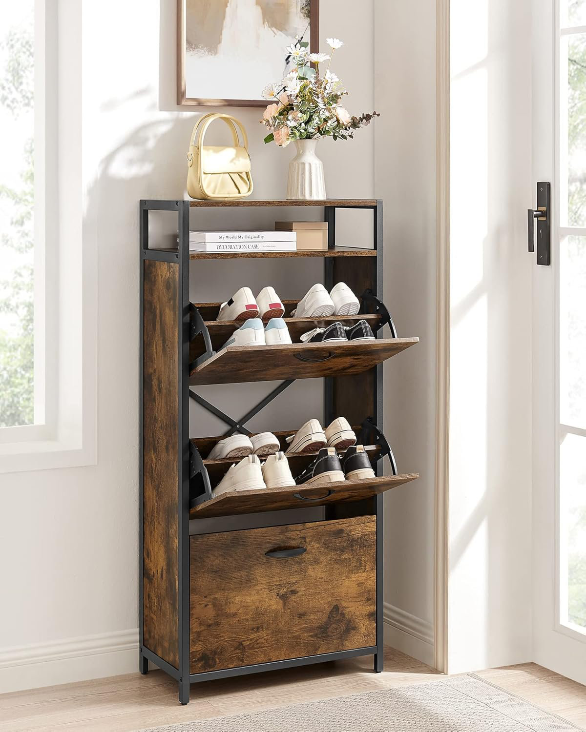 17 Stories Narrow Shoe Cabinet With 3 Flip-Out Drawers, Adjustable And ...