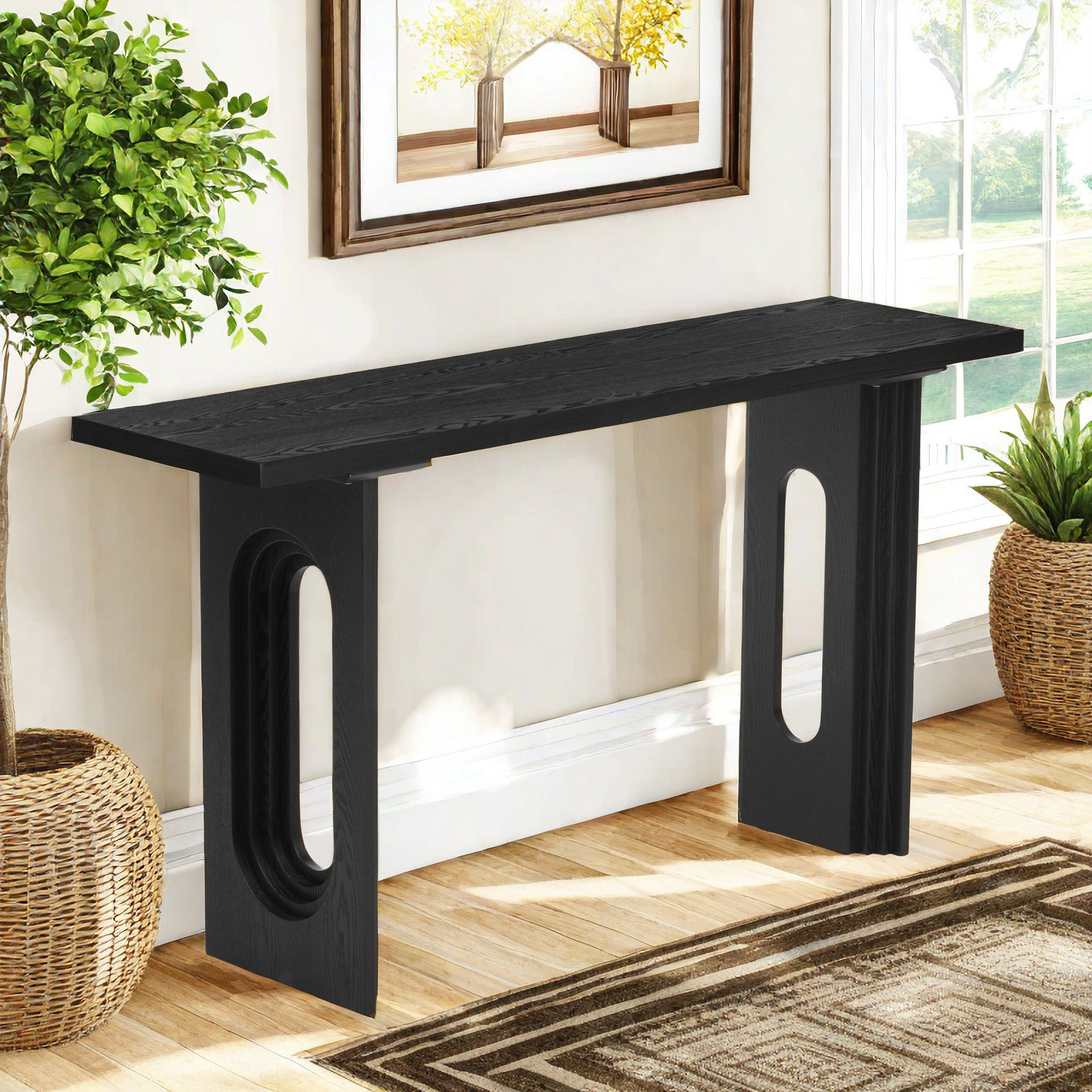 Amorphous Biz 59.2-Inch Fraxinus Solid Wood Console Table, Round Hollow ...