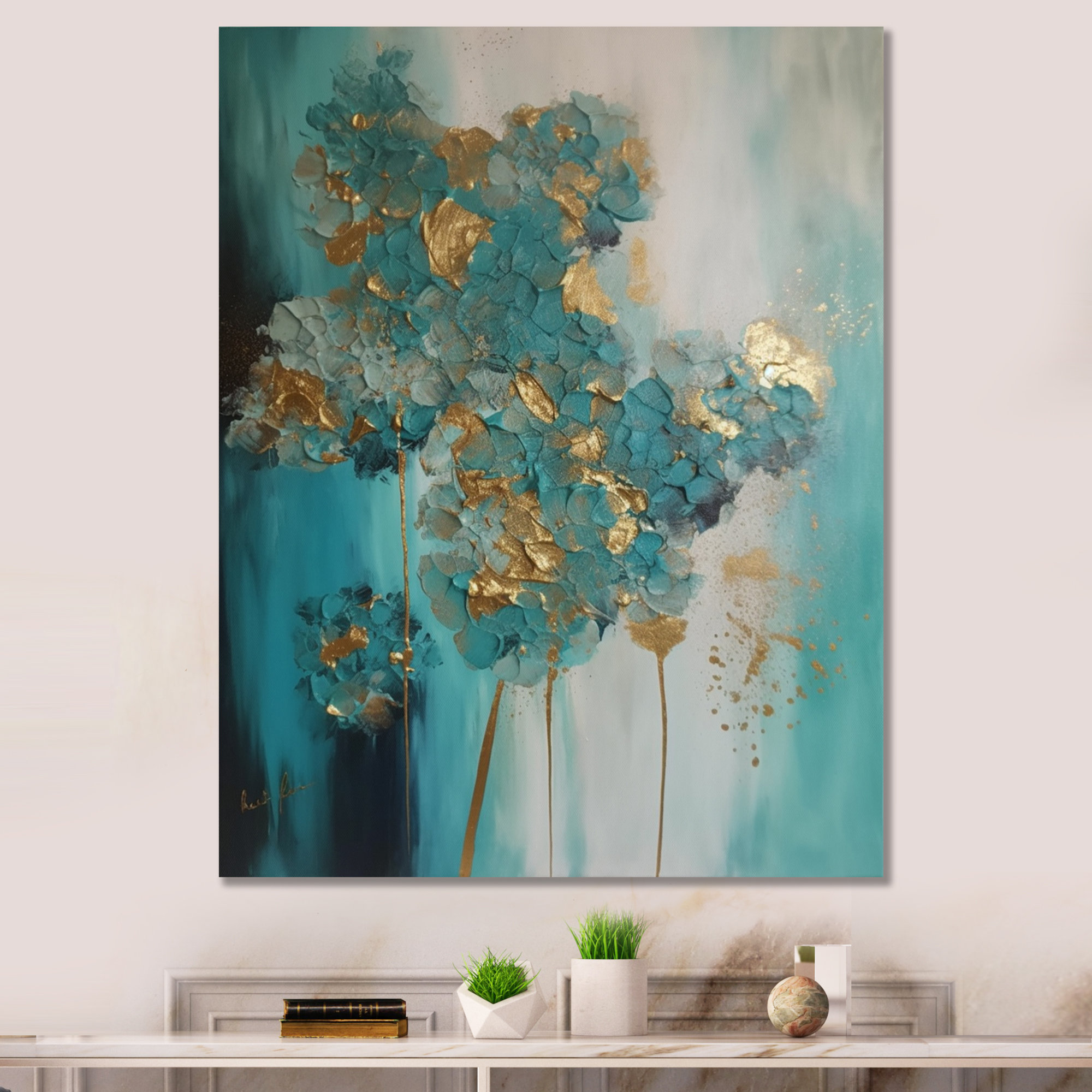 Mercer41 Hydrangea Flower Blossoming Gold Retro Teal Gold - Hydrangea ...