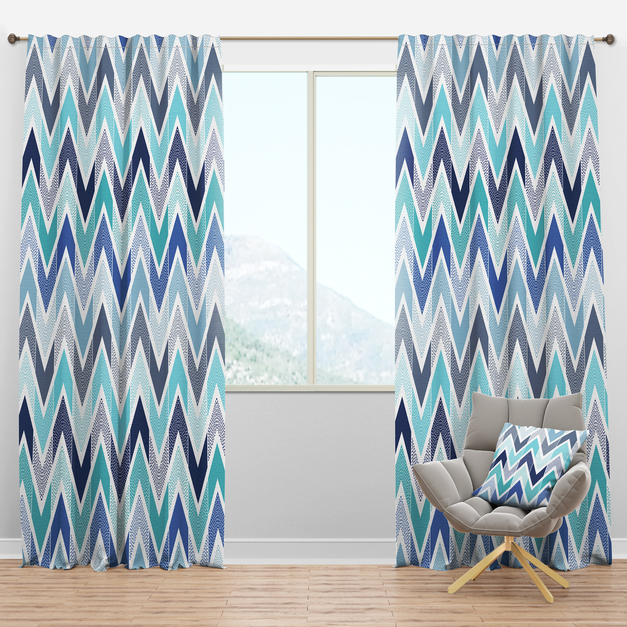 Design Art Retro dotted blue wave pattern - Mid-Century Velvet Curtain ...