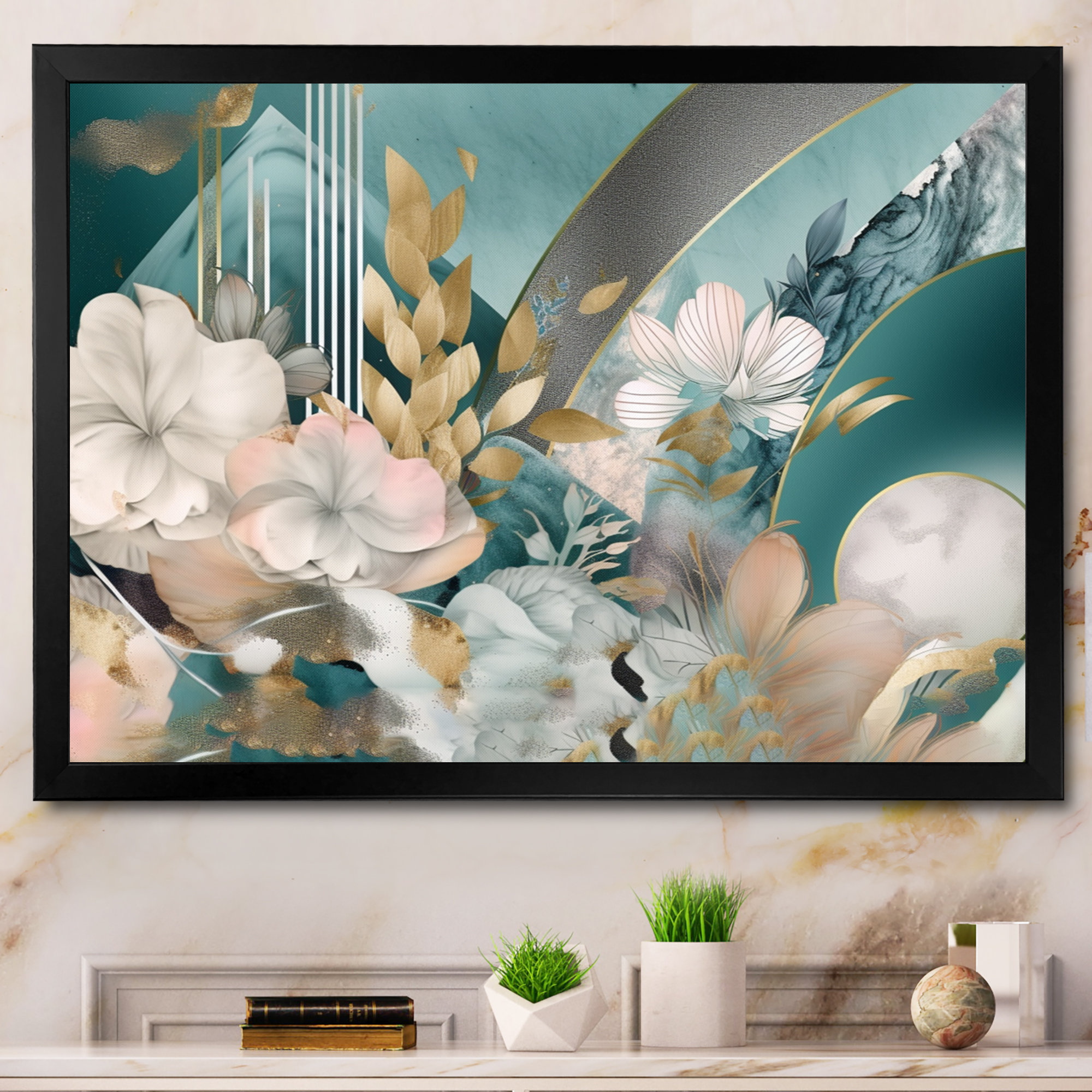 Mercer41 Golden Blue And Pink Smooth Floral Design III - Floral Canvas ...