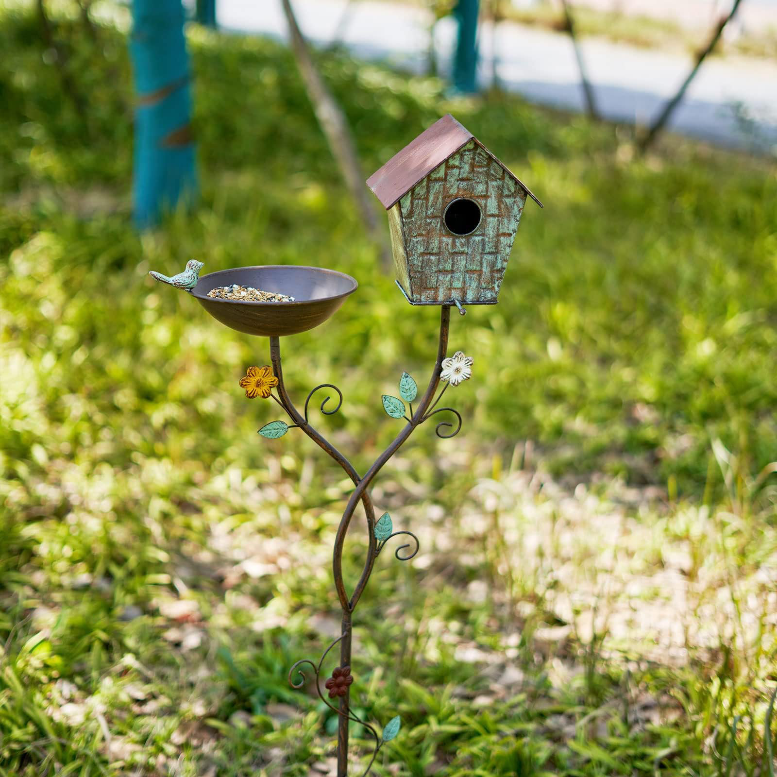 August Grove Bird Baths and BirdHouses with Pole, Distressed Metal Bird ...