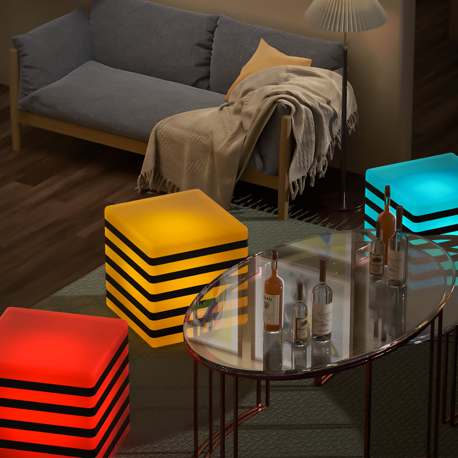 MoNiBloom 16" LED Striped Cube Light Bar Stool, Rechargeable 16 Color ...