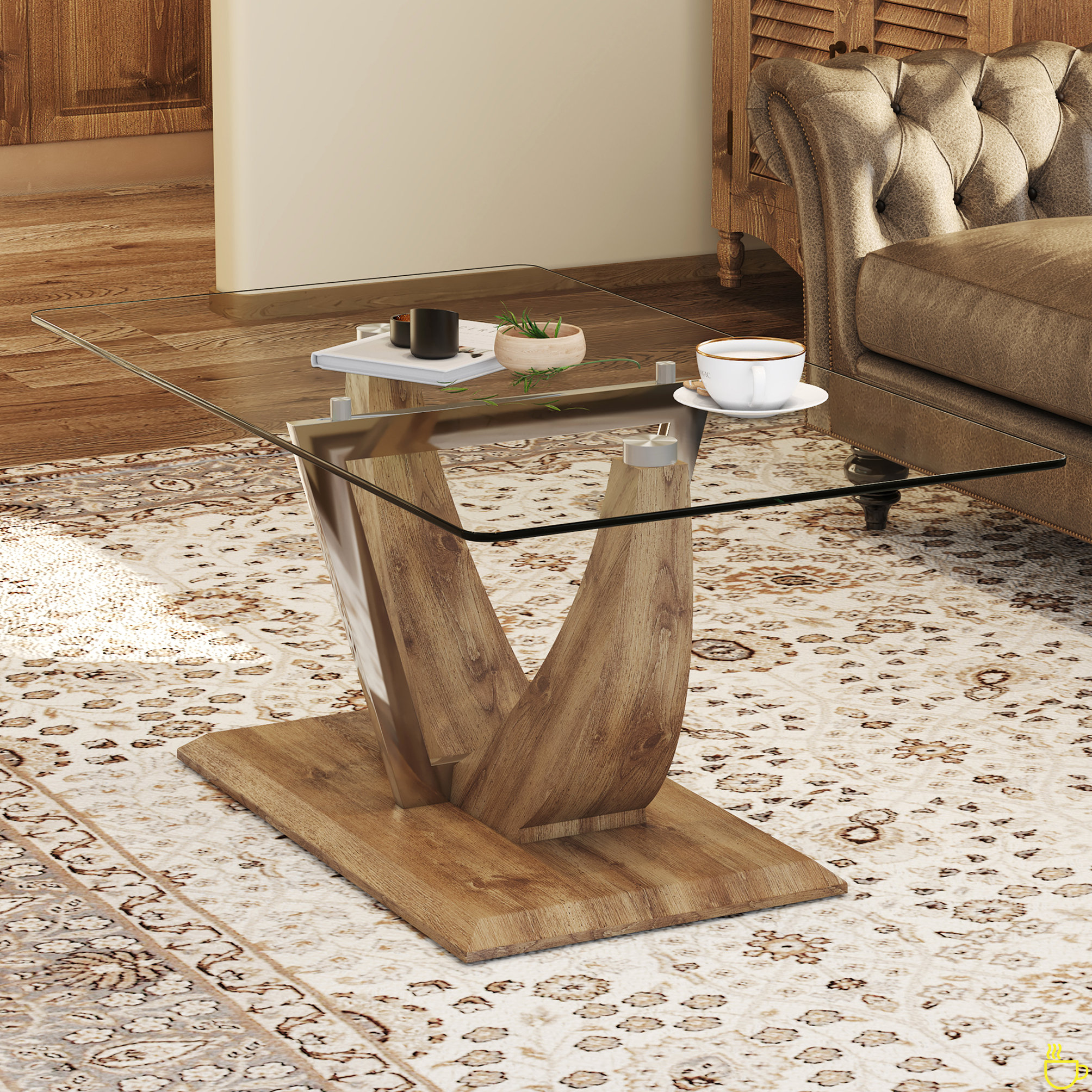 Ivy Bronx Coffee Table. Transparent Tempered Glass Tabletop With Wooden ...