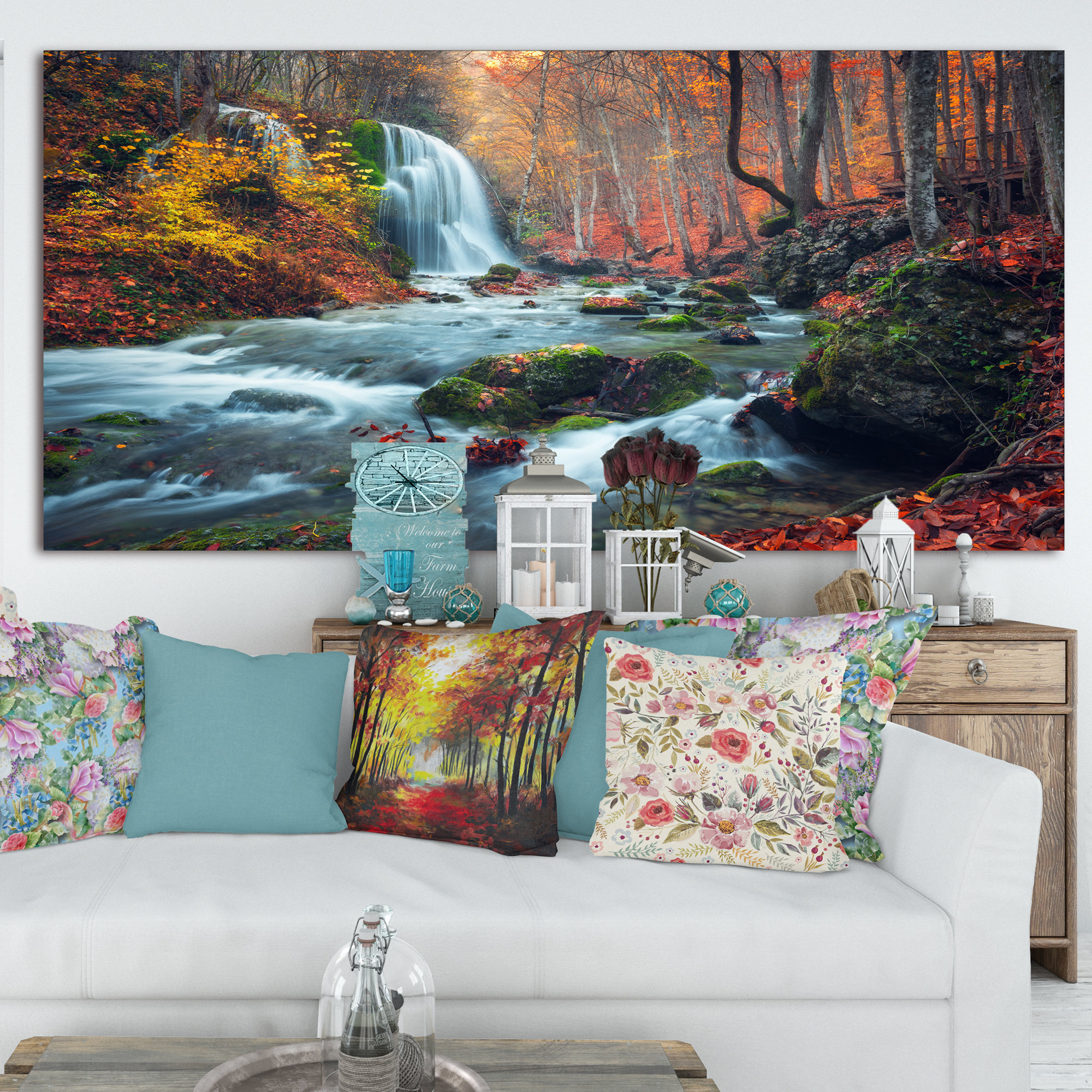 Union Rustic Autumn Mountain Waterfall Long View - Wrapped Canvas ...