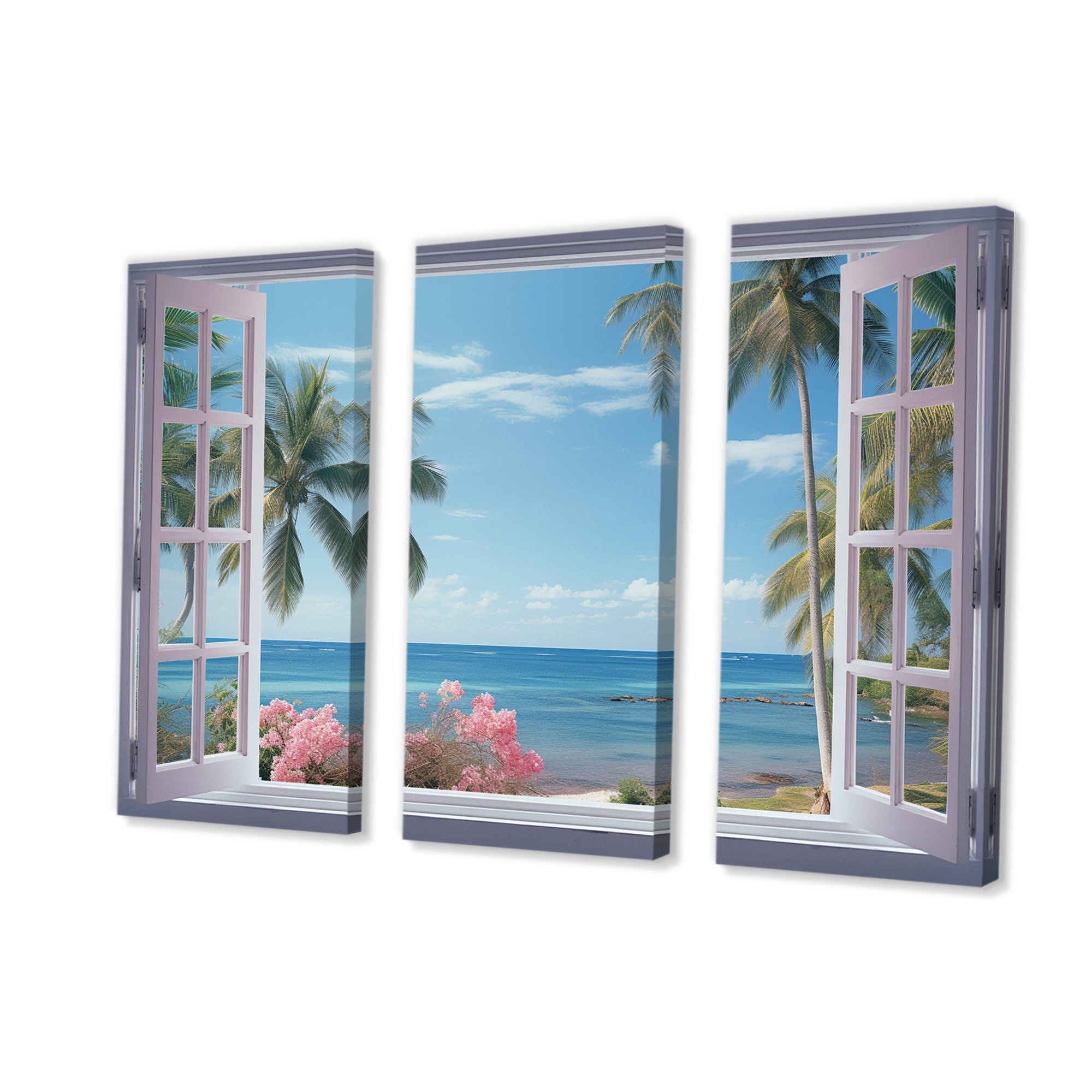 Design Art Tropical Oceanview Through Open White Window - Coastal Wall ...