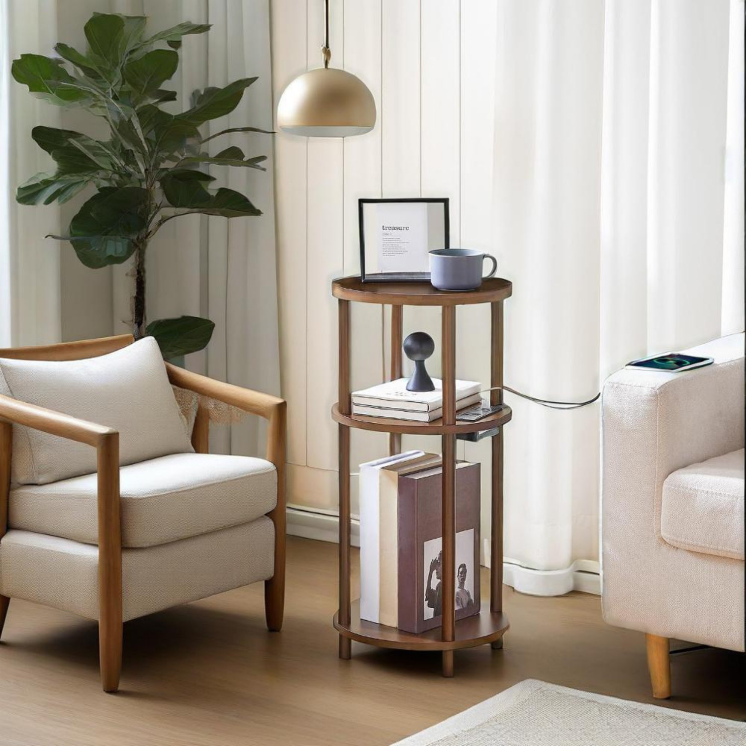 George Oliver 3-Tier Bamboo Round Side Table with Charging Station ...