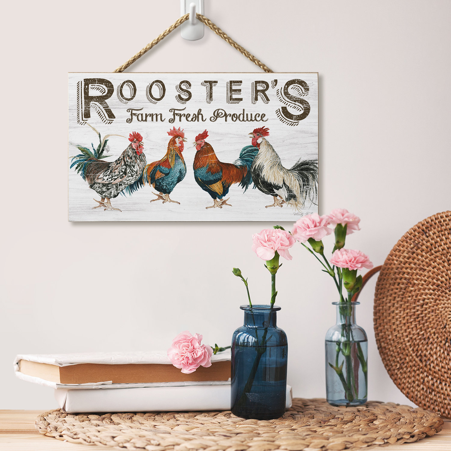 August Grove® Farm Fresh Roosters Hanging Wall Sign | Wayfair