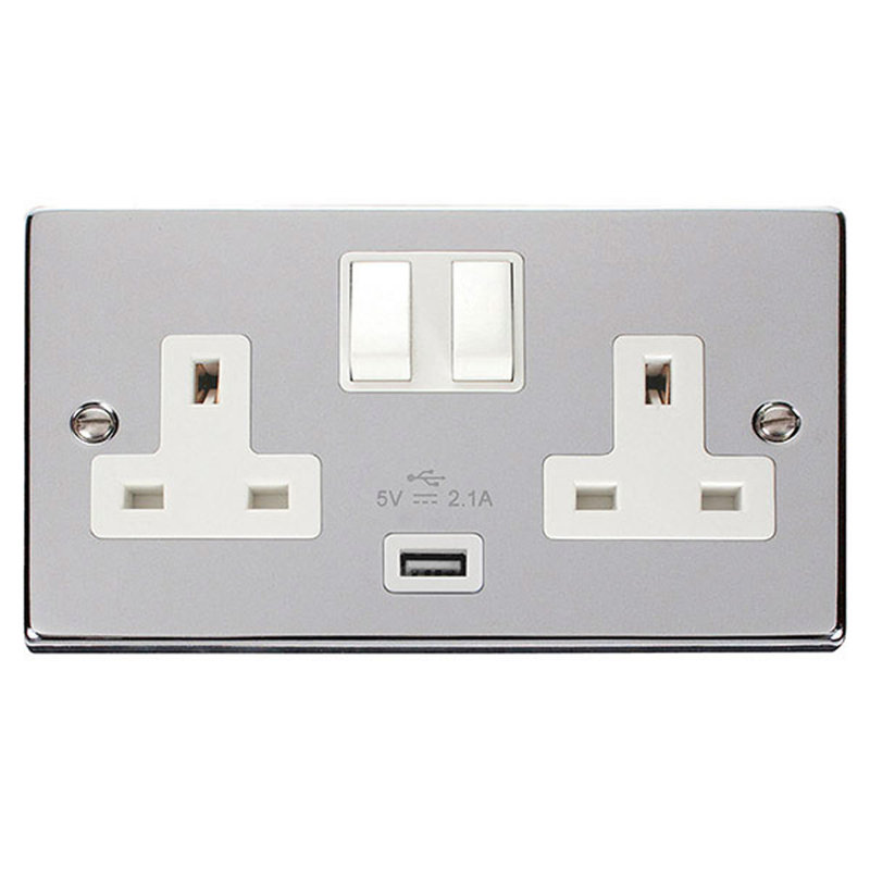 Symple Stuff Polished Chrome 2 Gang 13A 1 USB Twin Double Switched Plug ...