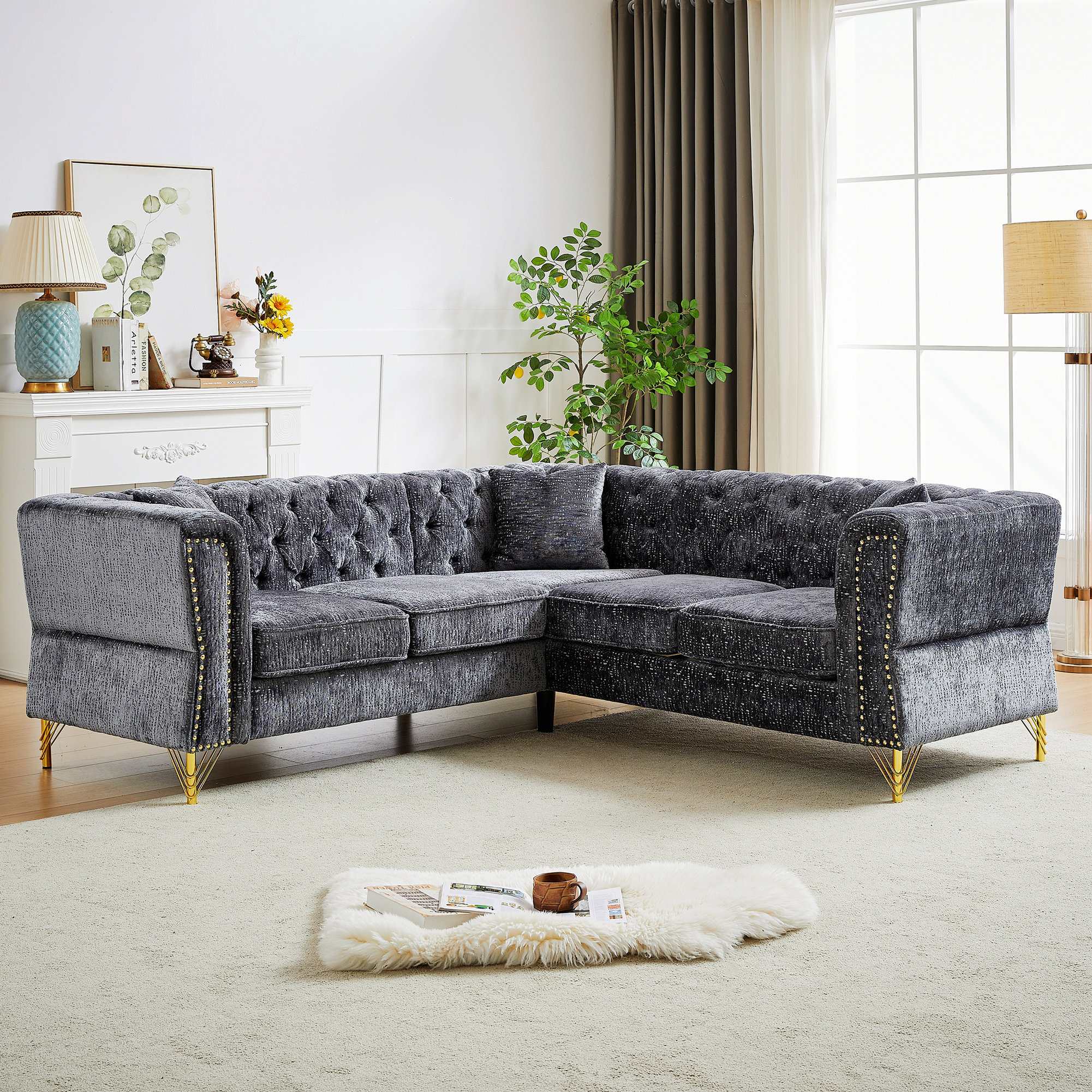 Mercer41 Chenille Corner Sofa,L-Shaped Sectional Couch,5-Seater Corner ...
