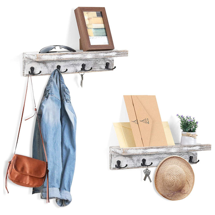 Loon Peak® Landess Rustic White Wall Shelf with Hooks | Wayfair
