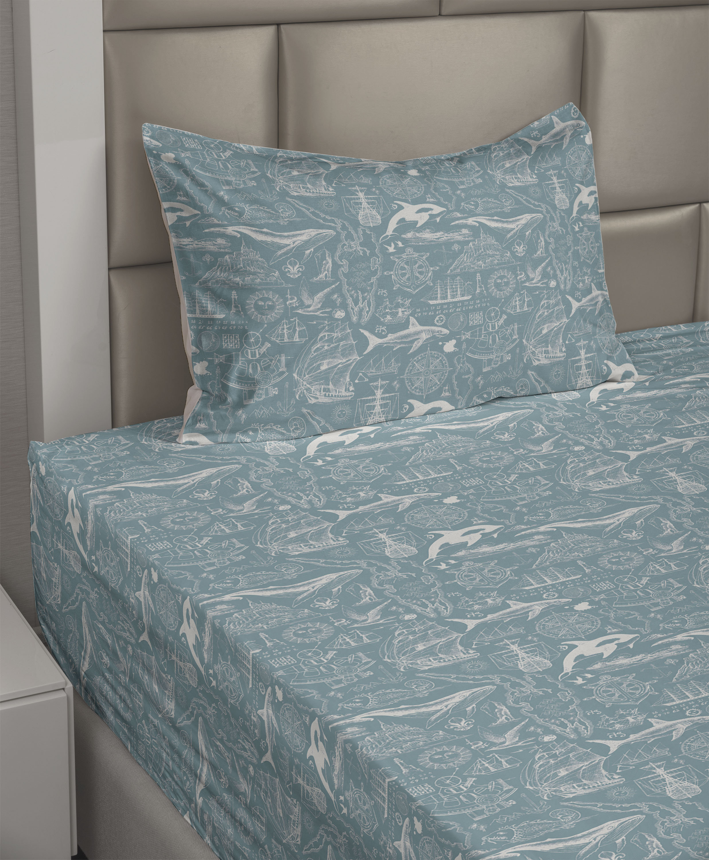 Ambesonne Marine Sheet Set Vintage History Shark Ocean Cadet Blue White ...