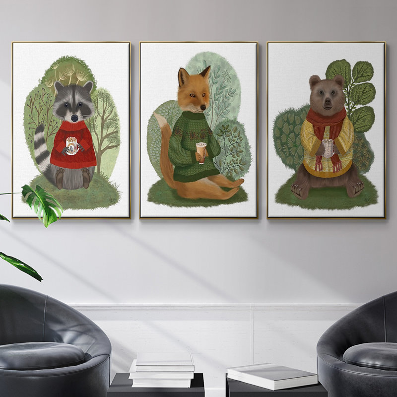 WexfordHome Hot Chocolate Bear Framed On Canvas 3 Pieces Print | Wayfair