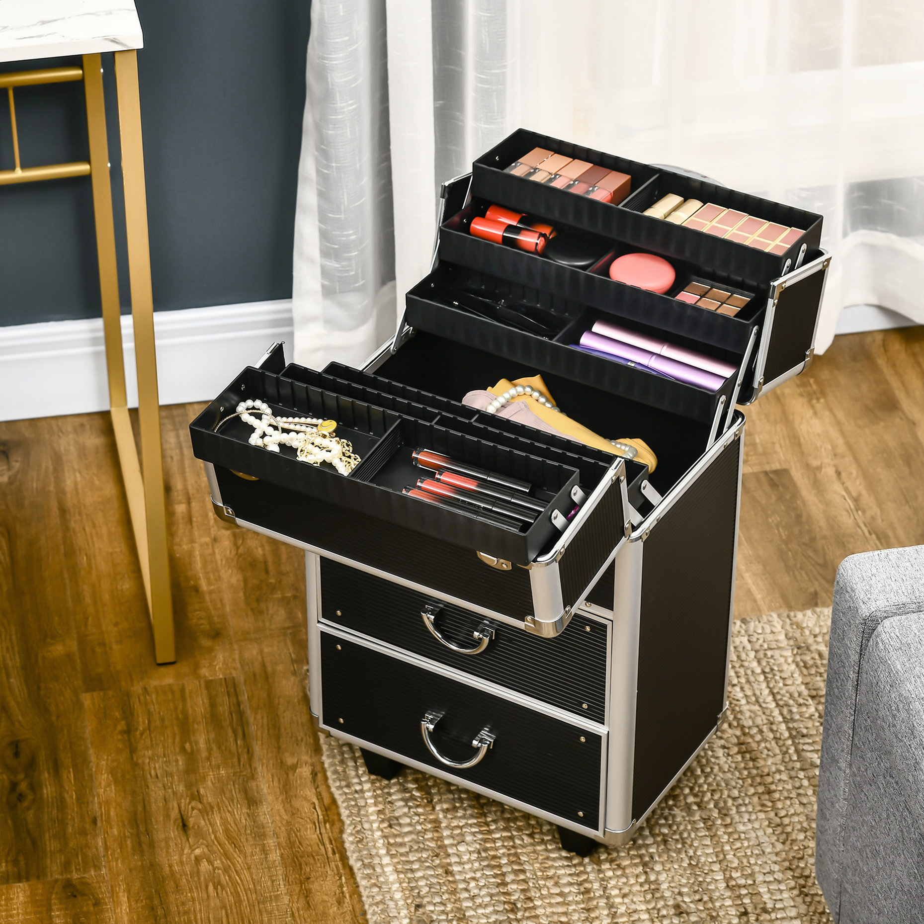 Ivy Bronx Lockable Makeup Trolley - Black With Damage Outer Casing And ...
