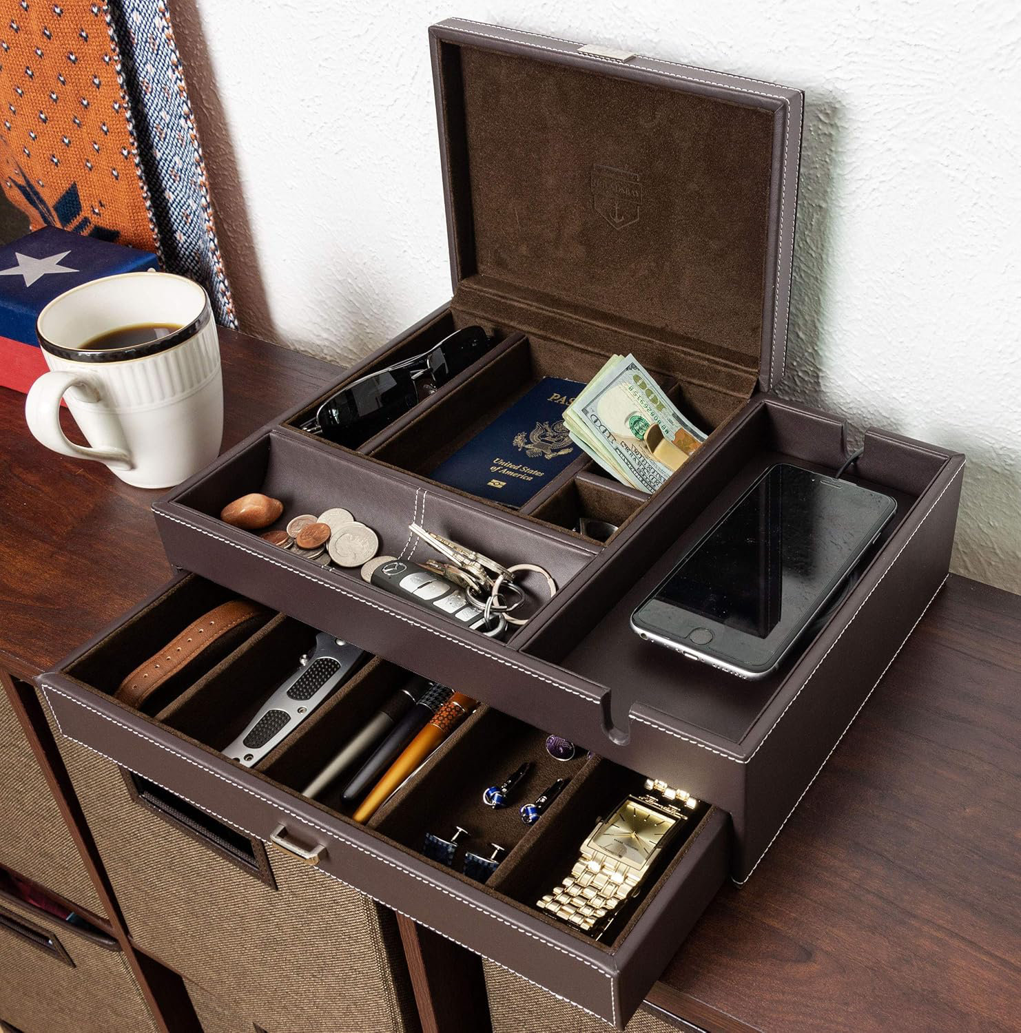 ATC CABINETS Watch Display Case - Mens Wood Watch Stand - PU Leather ...
