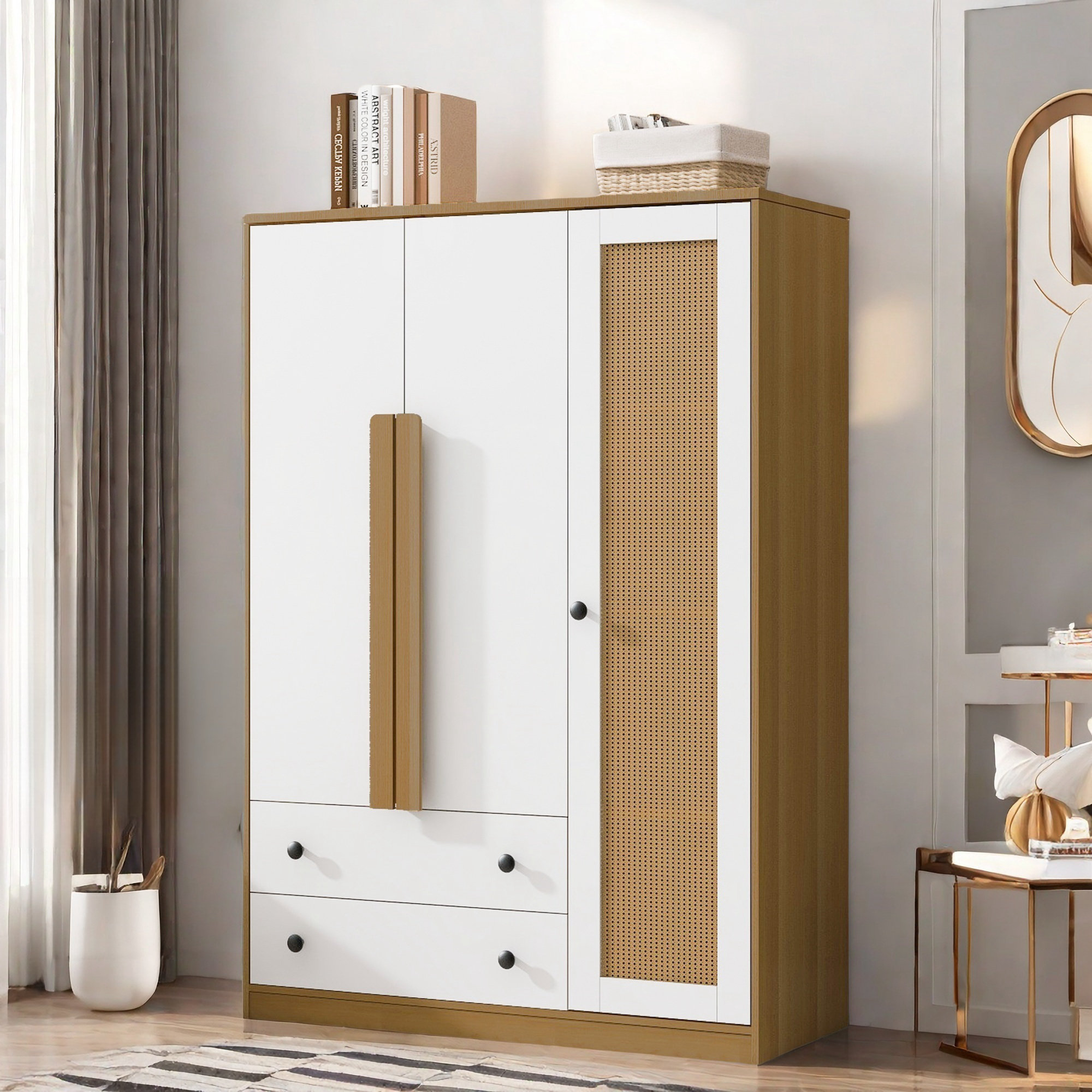 Bay Isle Home™ 3-door Wooden Rattan Wardrobe With 2 Drawers, A Hanging ...