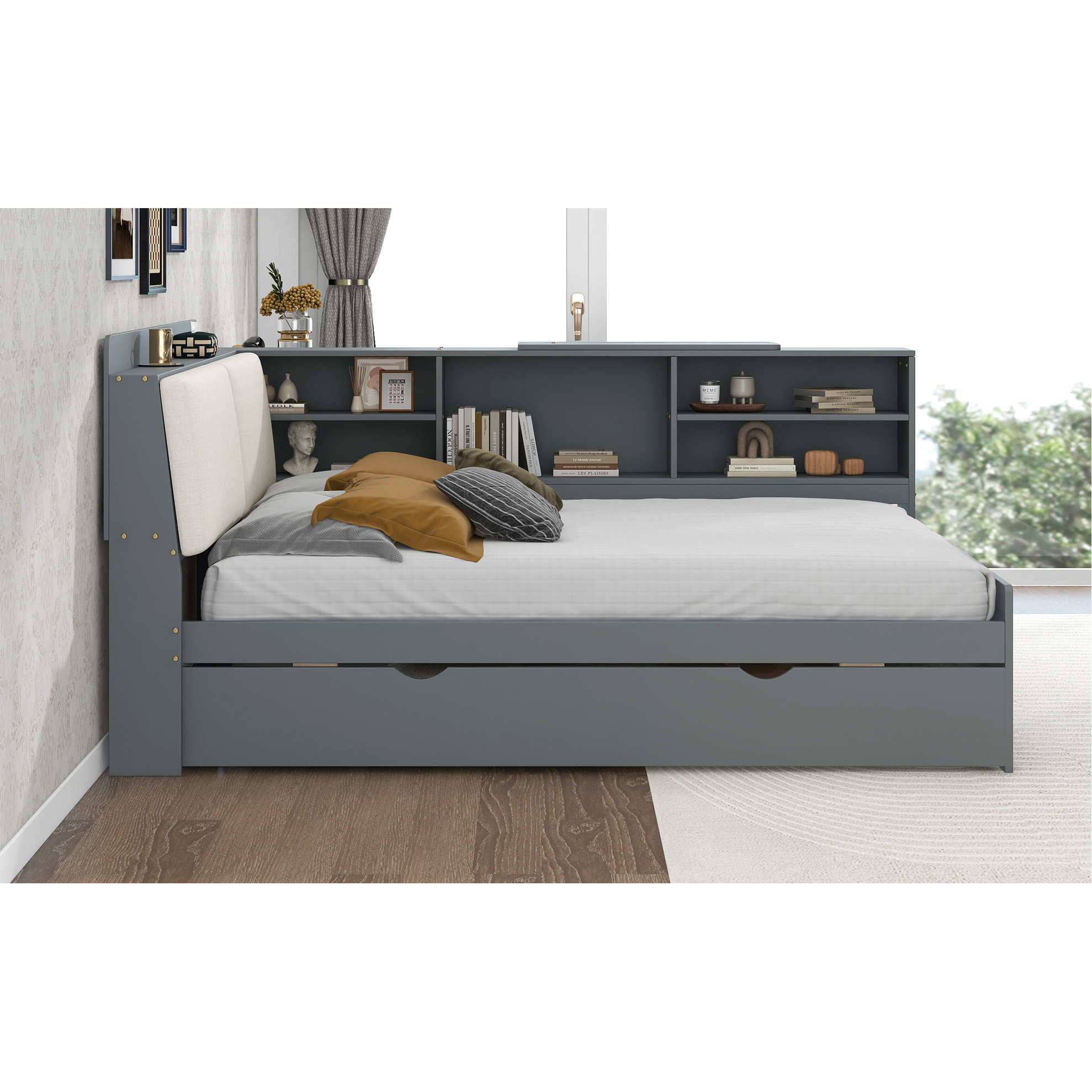 Latitude Run® Gray Full Size Wood Bed Frame With Trundle, Rotatable ...