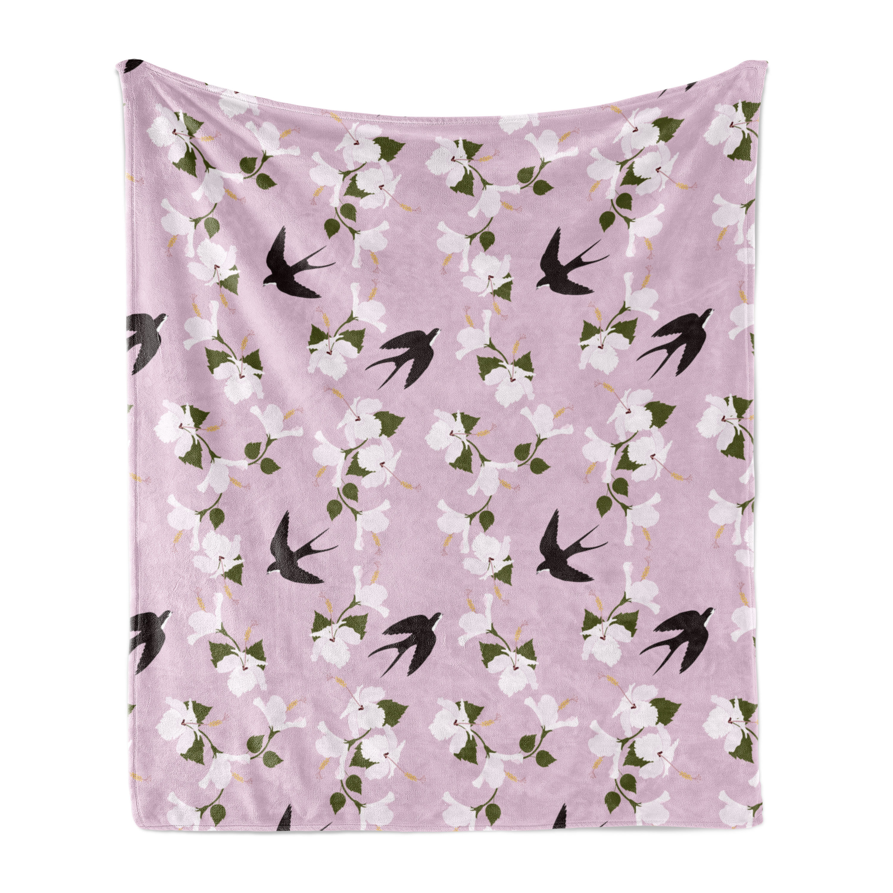 Ambesonne Swallow Fleece Throw Blanket Flower Bouquets and Birds Olive ...
