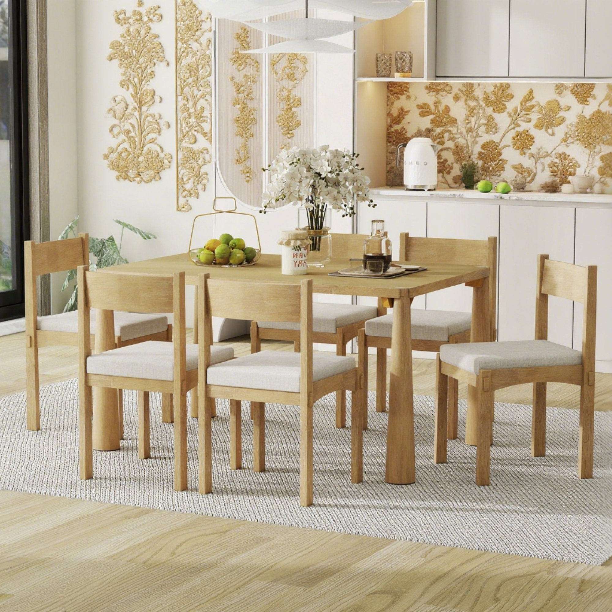 Red Barrel Studio 7-Piece Retro Dining Table Set For 6, Wood Dining ...
