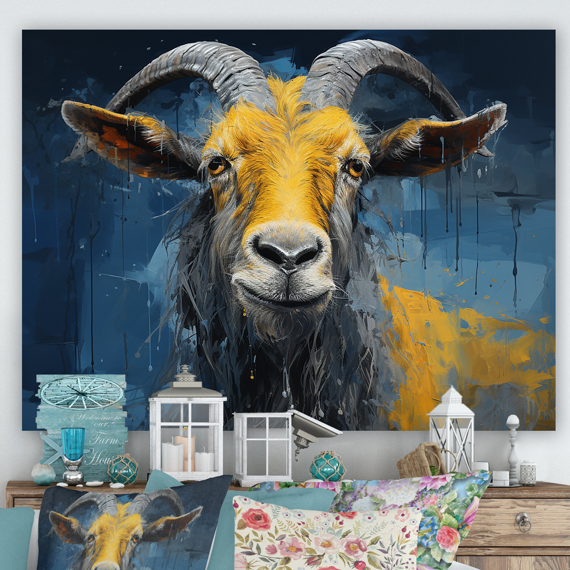August Grove® Yellow And Blue Goat Meadow Wondering Portrait II - Goat ...