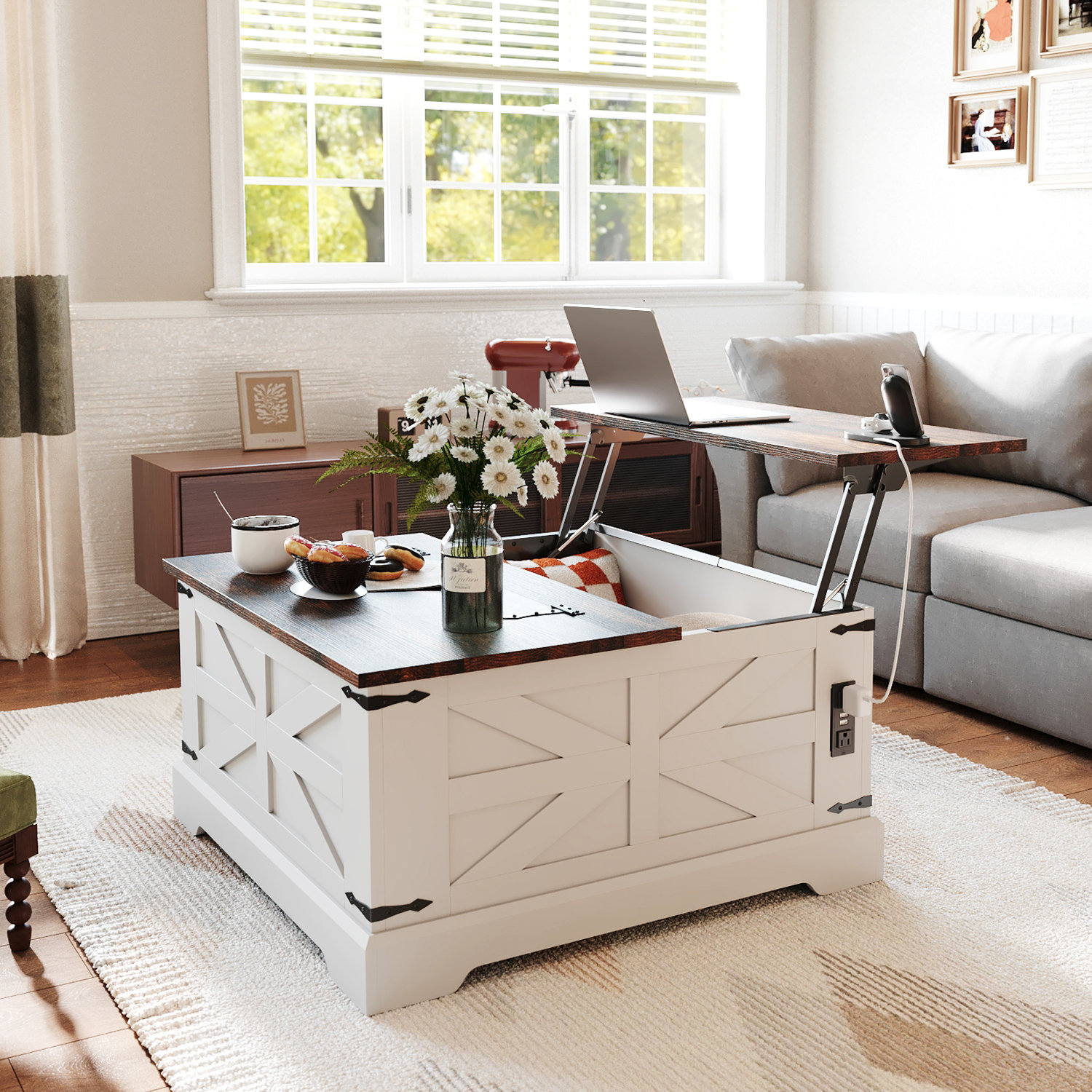 August Grove® 35.4'' Farmhouse Lift-Top Coffee Table With Charging ...