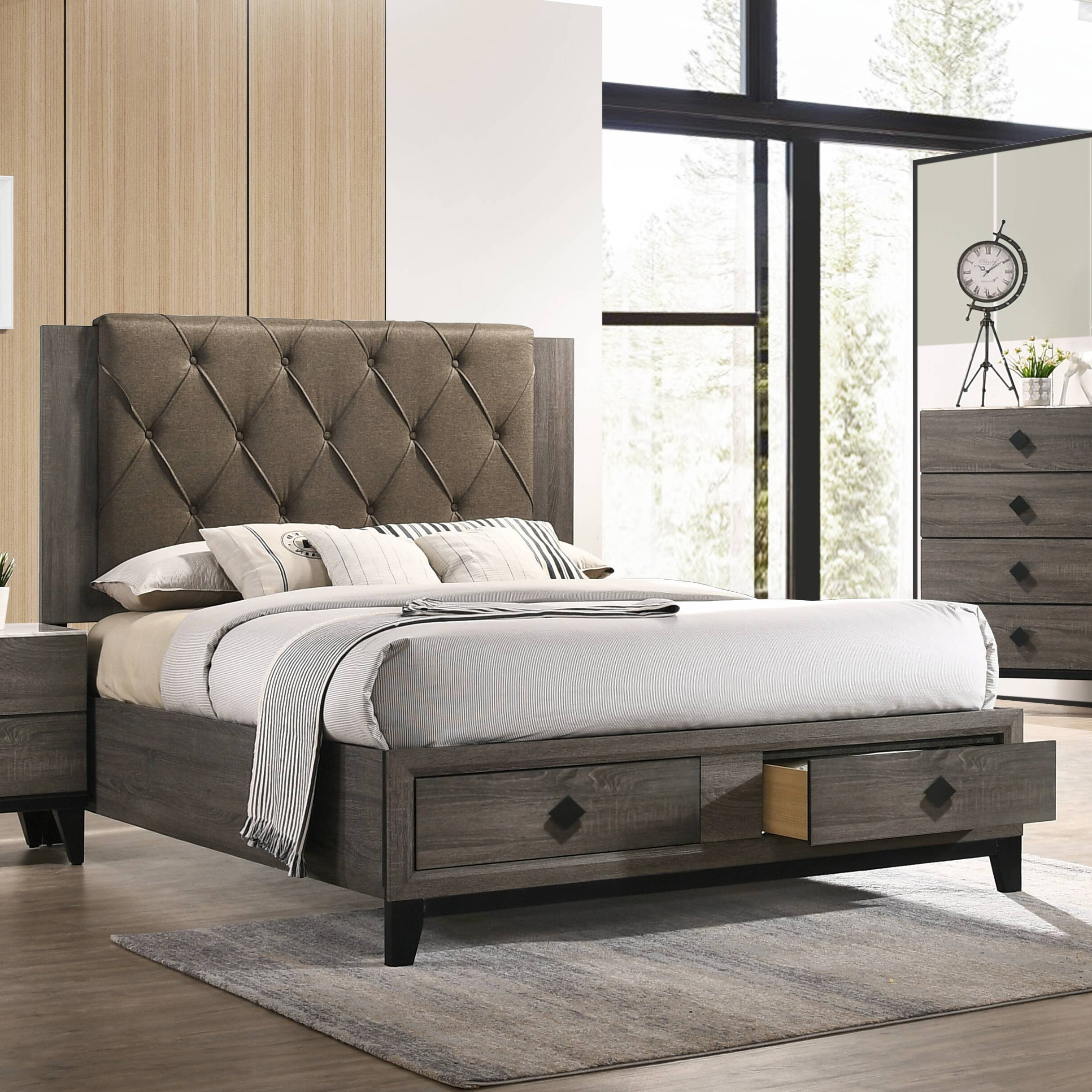 Loon Peak® Dinkins Button Tufted Bed with Storage in Rustic Gray Oak ...