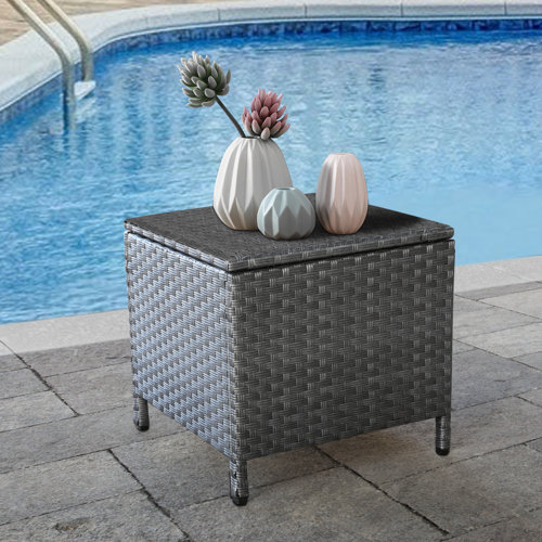 Ebern Designs Outdoor Wicker Side Table Patio Coffee Table with Storage ...