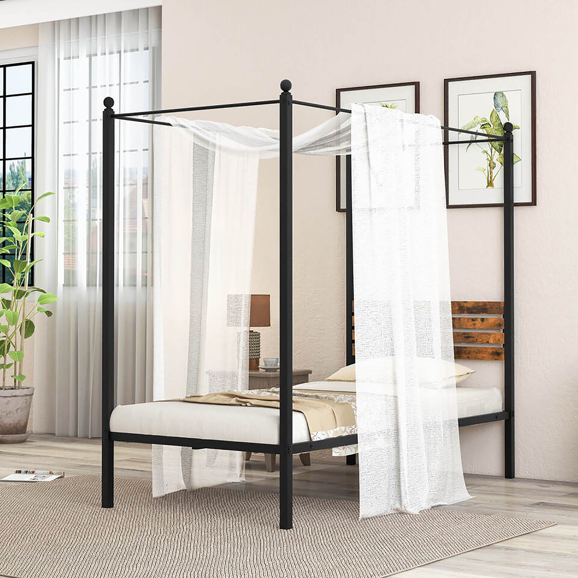17 Stories Twin Size 4-post Canopy Bed Frame Rustproof Metal Noise-free ...