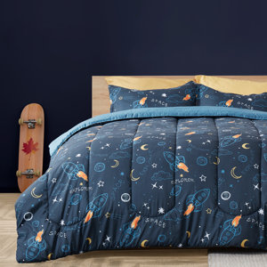 Sleep Zone Kids Space Rocket Comforter Set Navy Blue Microfiber ...