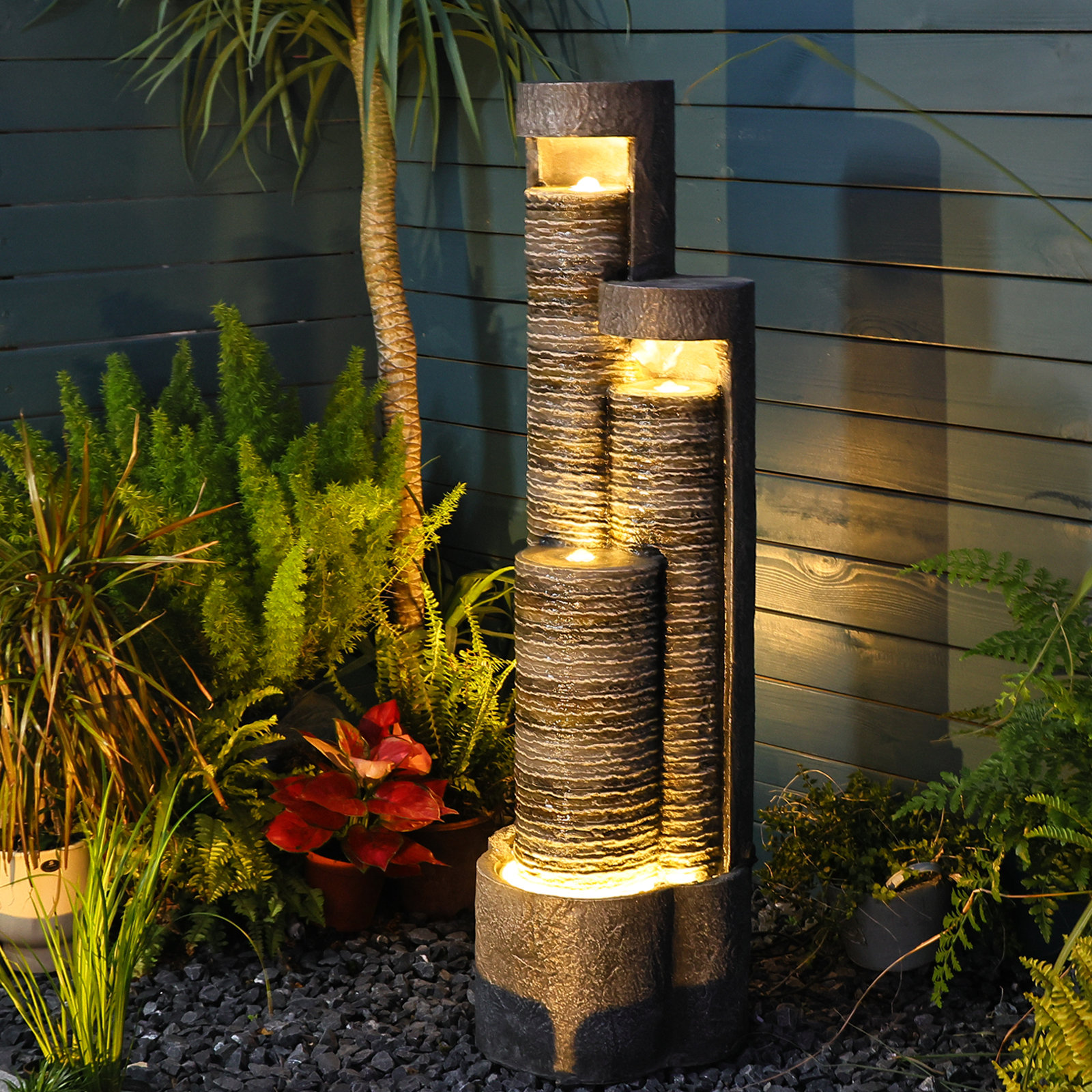 Ebern Designs Modern 3 Tiered Waterfall Column Fountain Indoor Outdoor ...