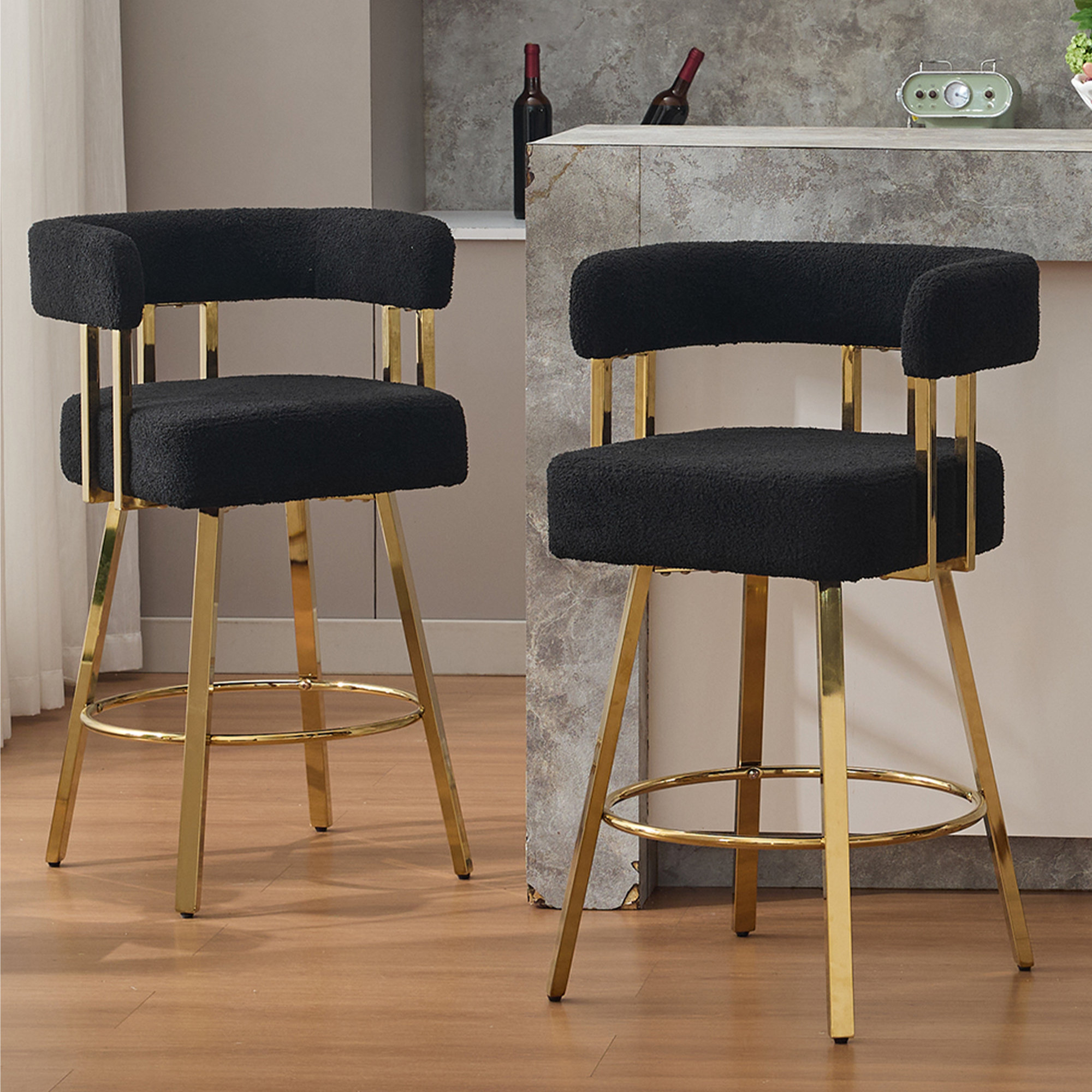 Dilon Luxury Teddy Velvet Bar Stools With Gold-Plated Chrome Alloy Base ...