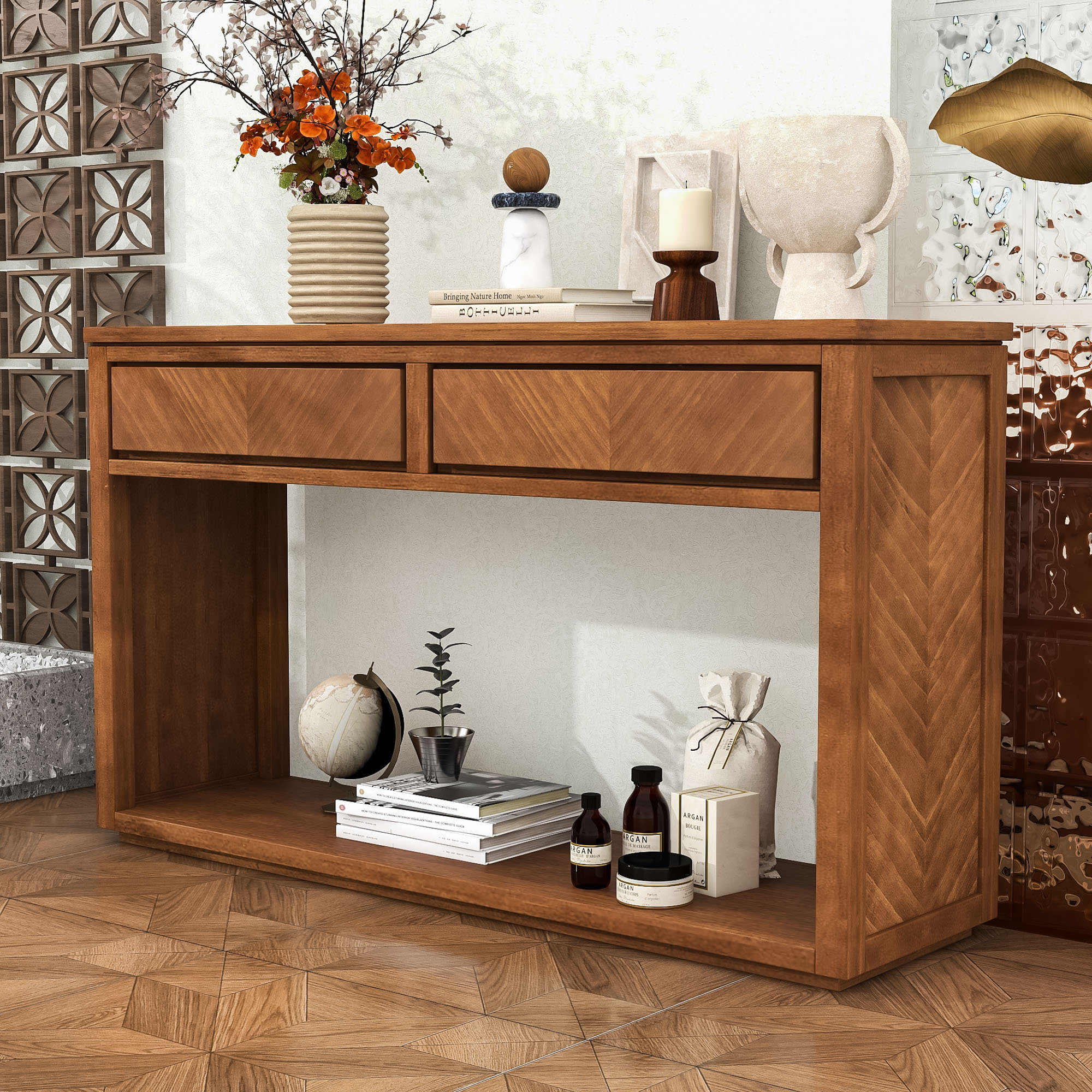 Millwood Pines Sophisticated Wooden Console Table with Chevron Design ...