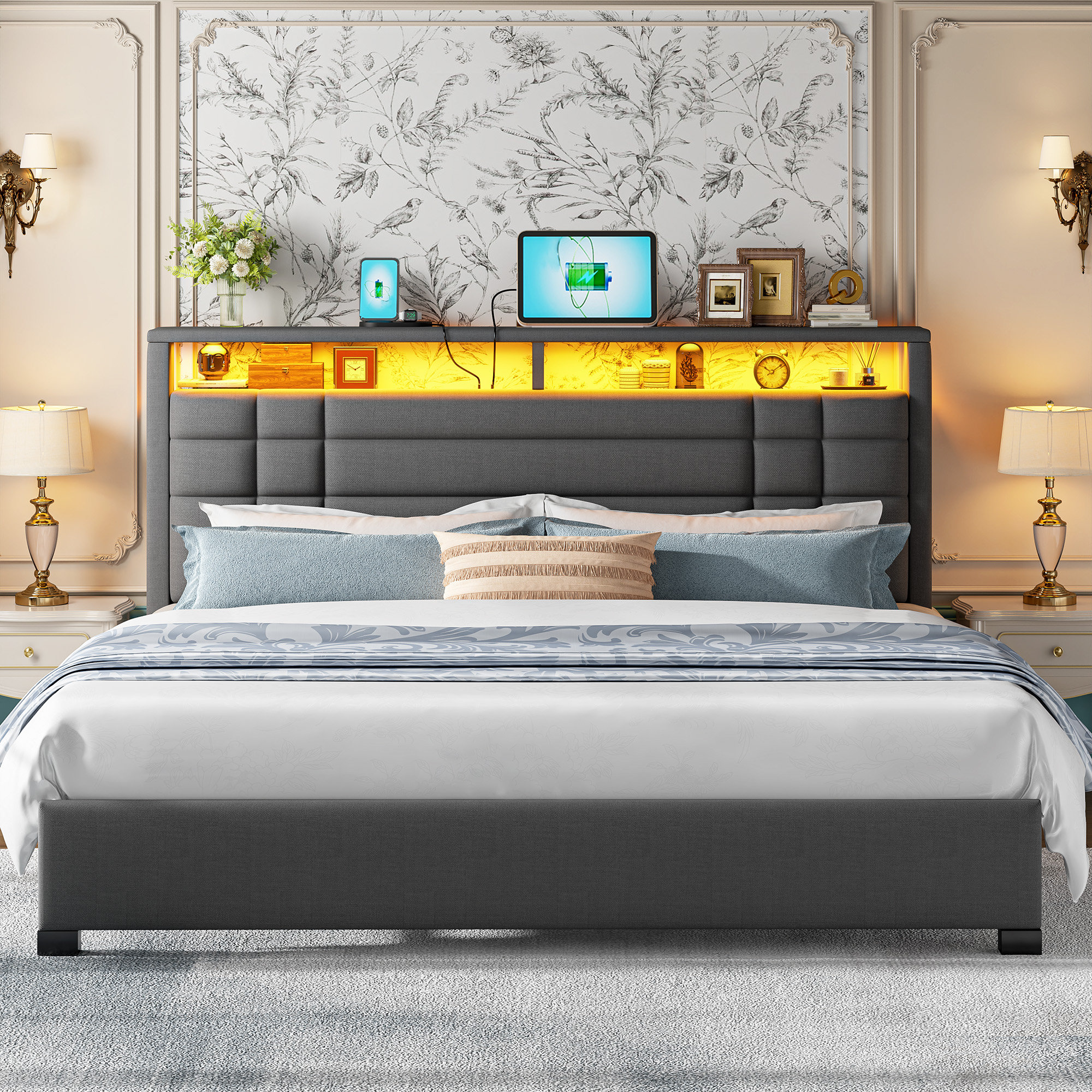 Wrought Studio™ Upholstered Bed With Storage Shelf & Led Lights ...