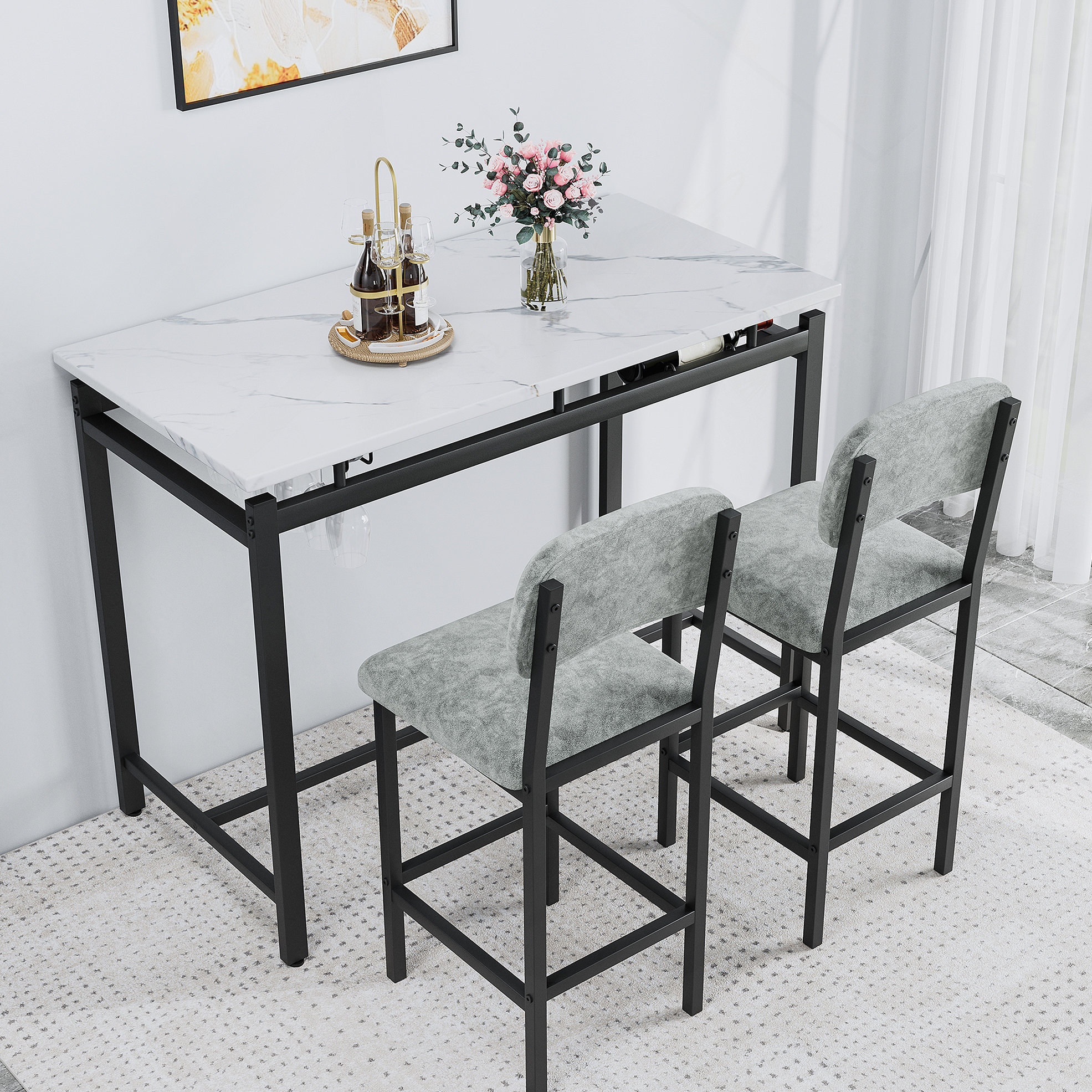 George Oliver 3 Pieces Dining Table Set with Fixed Table, Comfortable ...