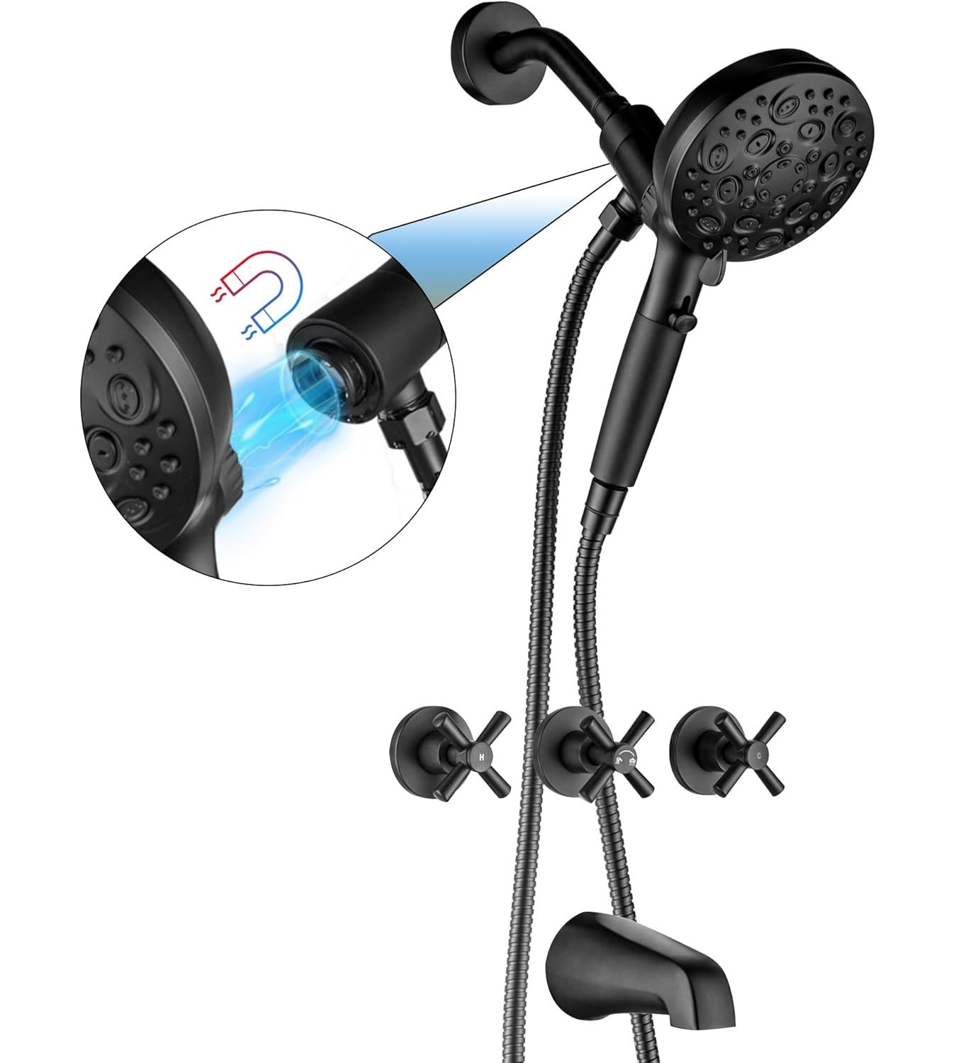 SOLVUR Matte Black 3 Handle Tub Shower Faucet 3 Knob Shower Tub Faucet ...