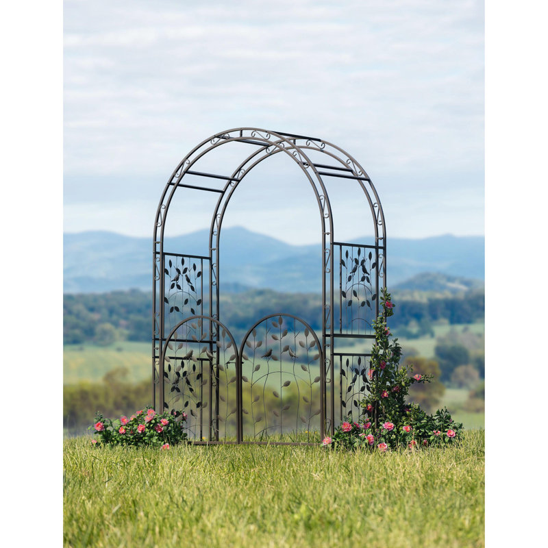 Plow & Hearth Metal Arched Birds And Leaves Garden Arbor With Gate ...