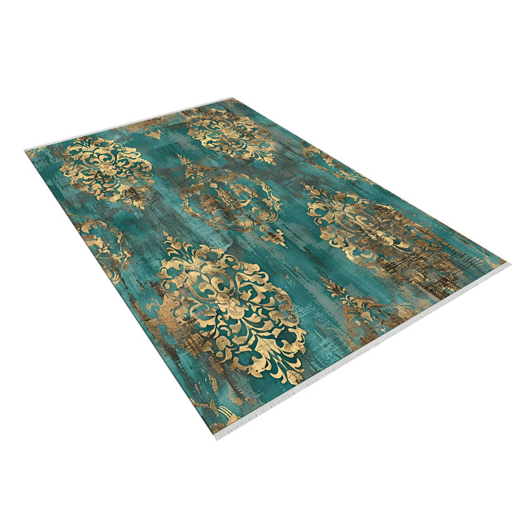 Fleur De Lis Living Vintage Damask Rug - Teal And Gold - Non-Slip, Fade ...