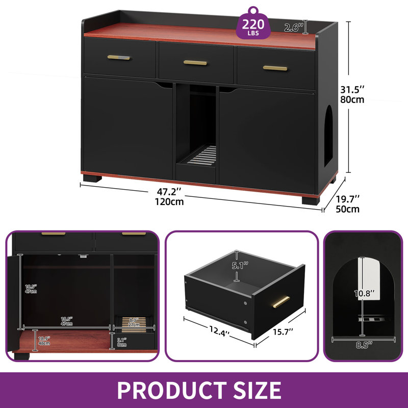 Tucker Murphy Pet™ Cat Litter Box Enclosure With Drawers & Double Room ...