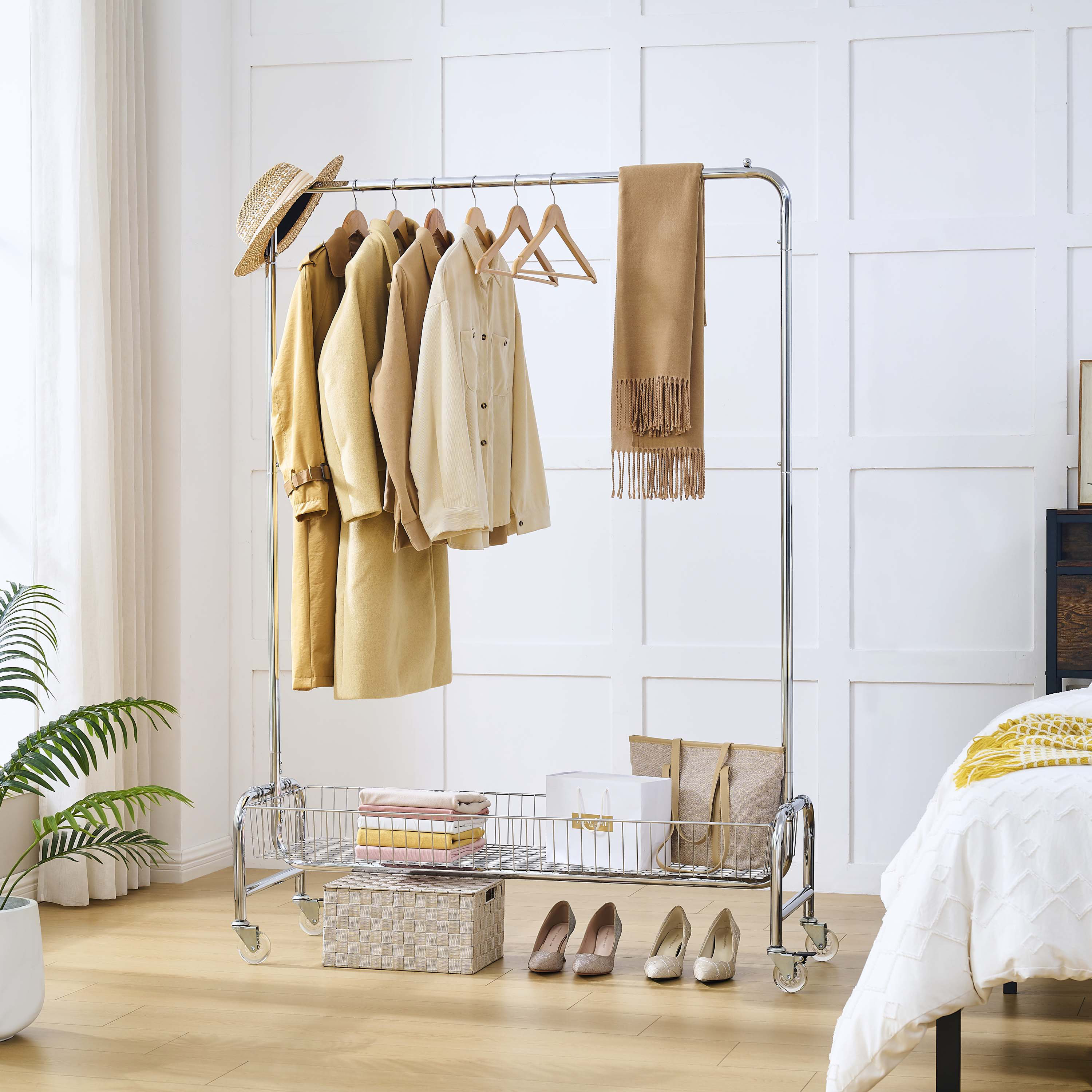Rebrilliant Garment Rack with Basket on Wheels Rolling Clothes Rack for ...