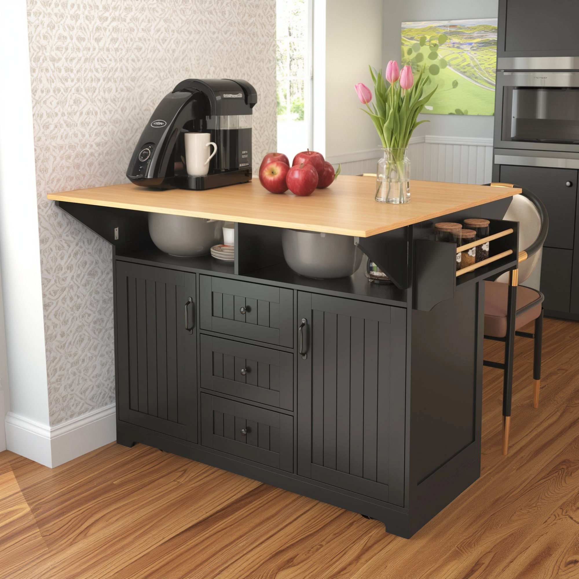 Lark Manor K&K 55.7-Inch Black Large Kitchen Island With 2 Folding ...