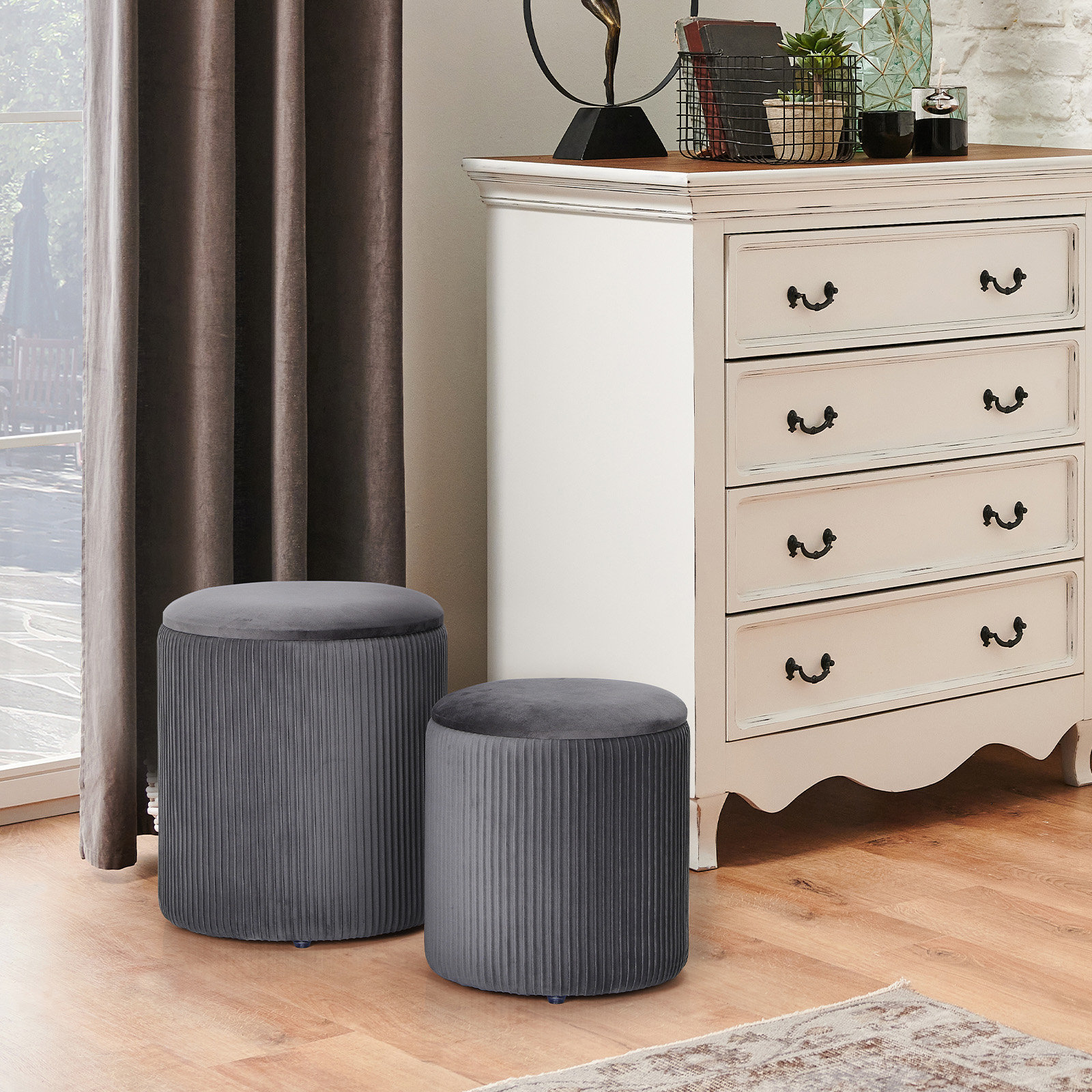 Wrought Studio™ 2-Piece Set Round Footstool With Storage Velvet Dresser ...