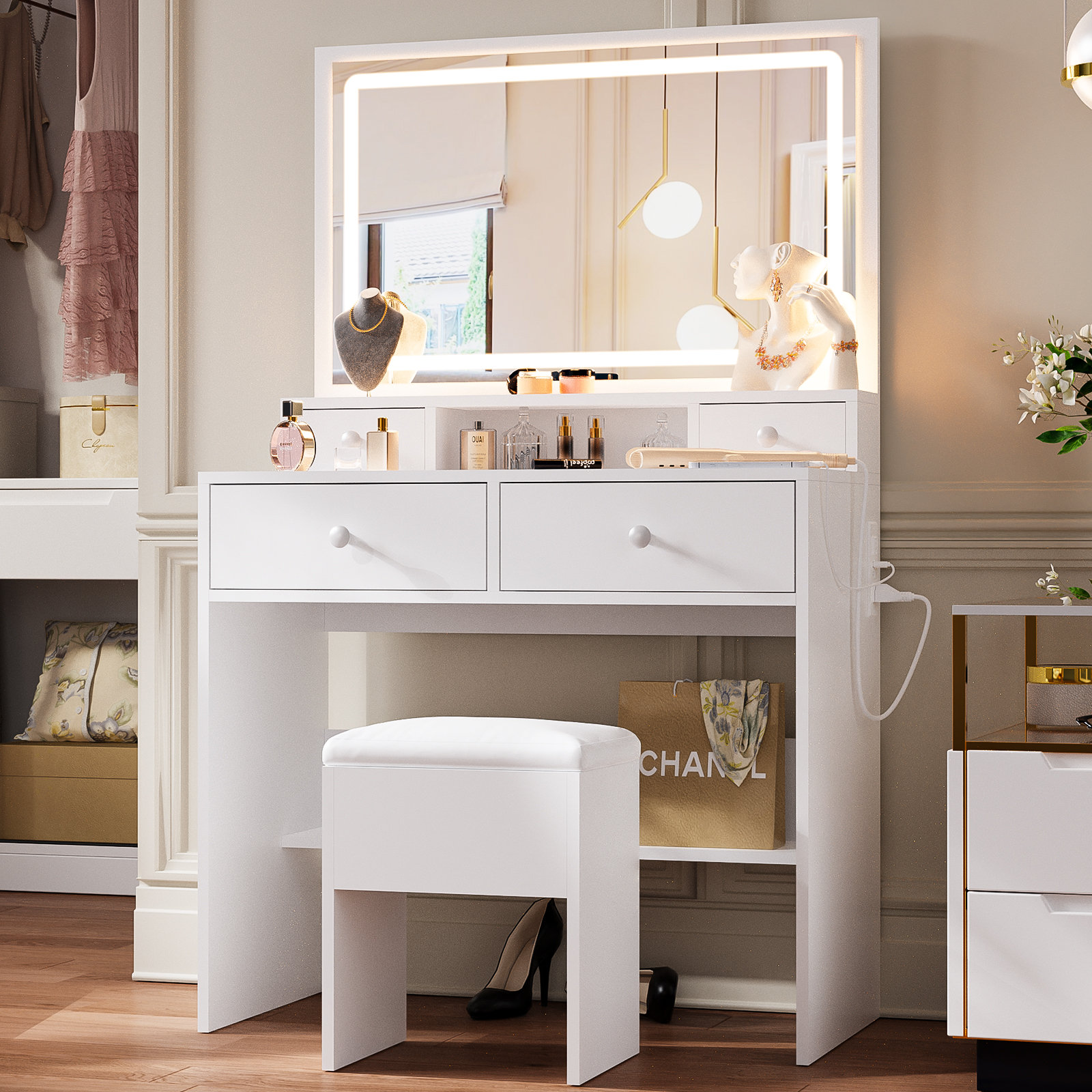 Ivy Bronx White Makeup Vanity Desk with Lighted Mirror Charging Station ...