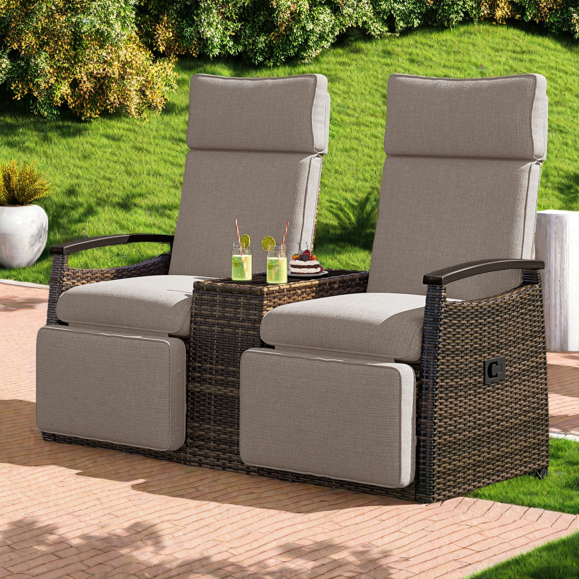 Lark Manor™ Patio Recliner Loveseat Chair, Adjustable Backrest Wicker ...