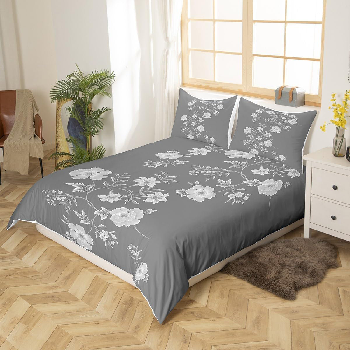 INSALER Girls Spring Floral Bedding Set Grey Flowers Duvet Cover ...