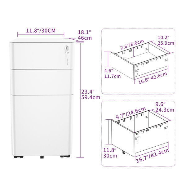 Inbox Zero 11.8" Wide 3 -Drawer Mobile Steel Vertical Filing Cabinet ...
