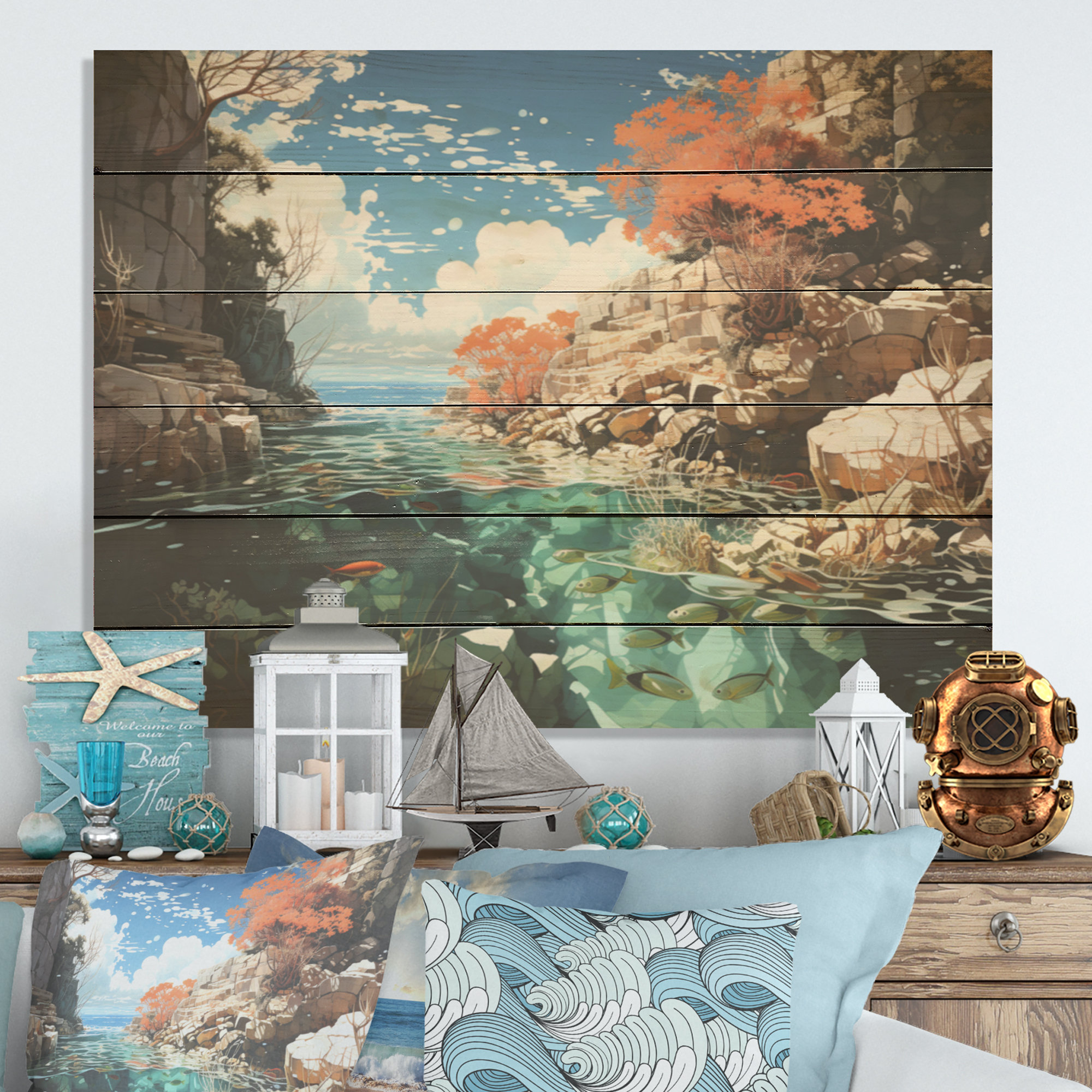 Lark Manor™ Corals And Coral Patchwork Landscape - Coral Wood Panel ...