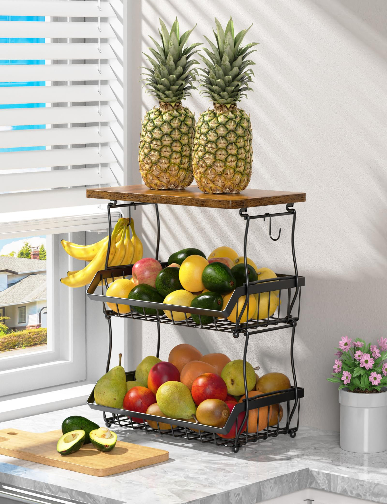 17 Stories 3-Tier Fruit Basket For Kitchen Counter With Banana Hangers ...